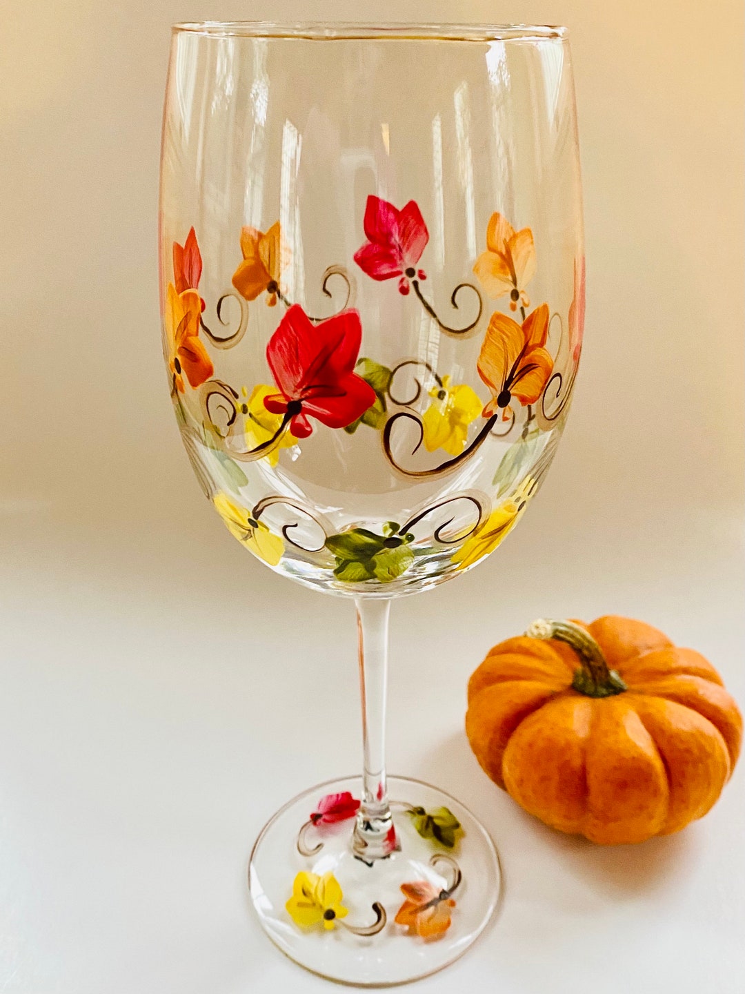 Fall Leaves Hand Painted Wine Glass, Autumn Leaves. Halloween ...