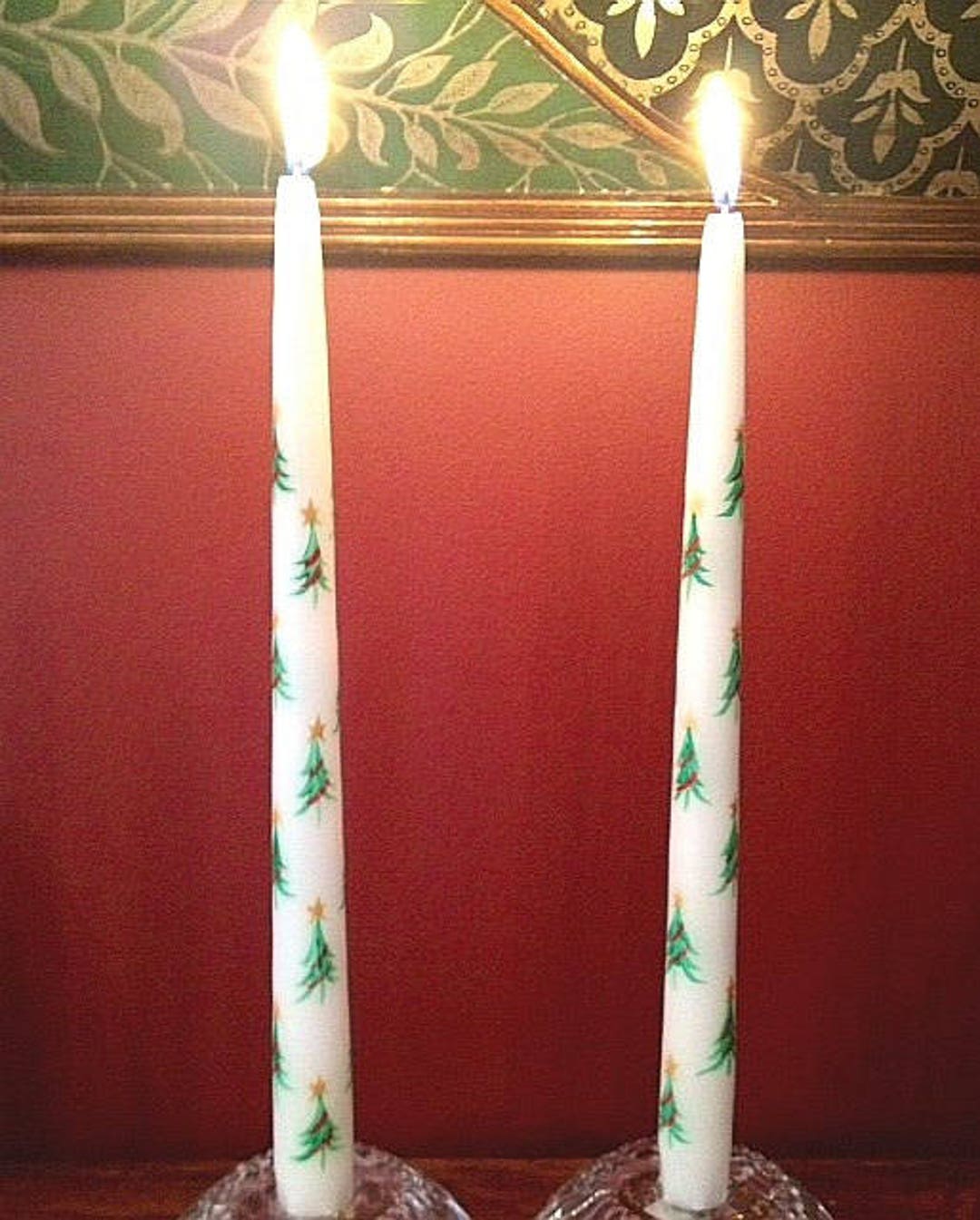 Hand Painted Christmas Tree Tapers, Made in USA, White Cotton Wick, 12 ...