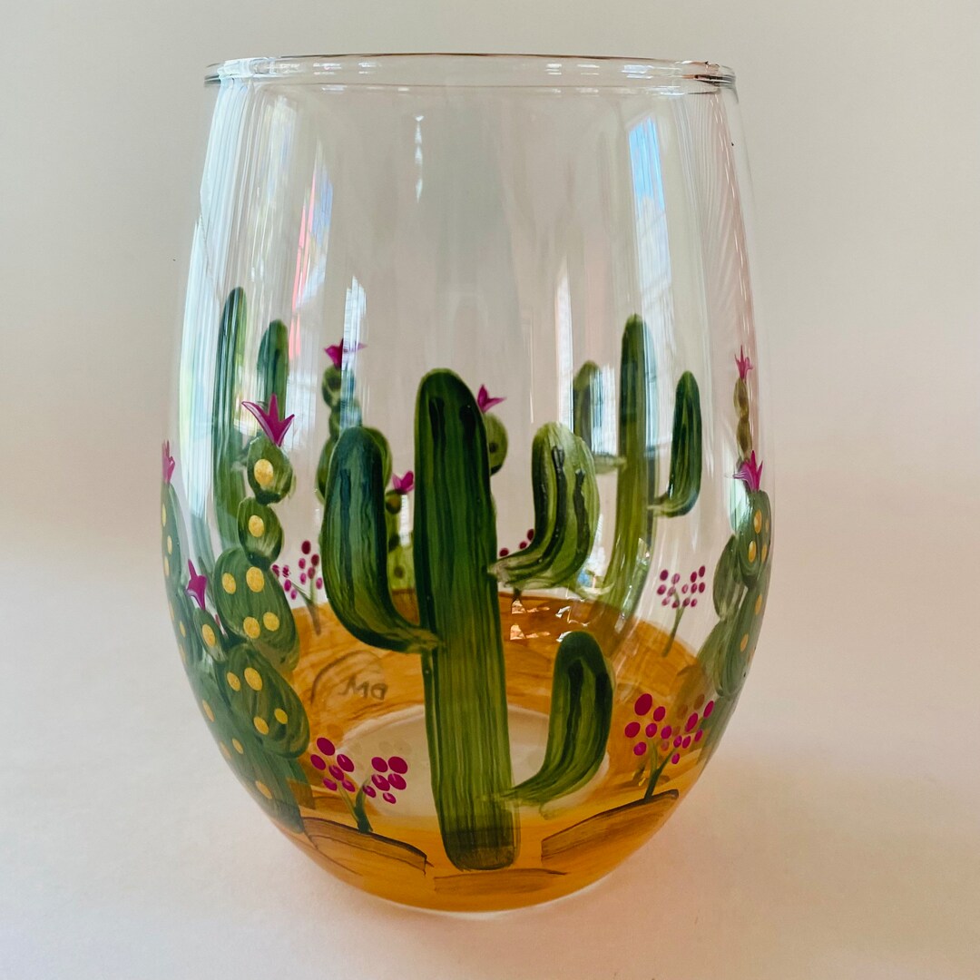 Hand Painted Stemless Cactus Wine Glass. Retirement Gift, Christmas ...