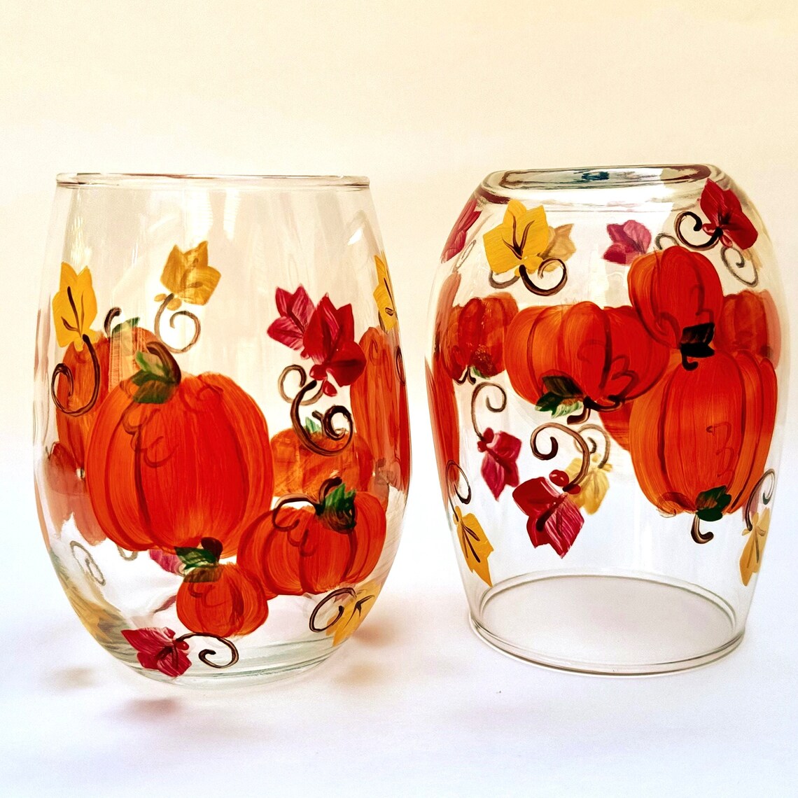Fall Pumpkins Hand Painted Wine Glasses, Set of 2. Halloween ...
