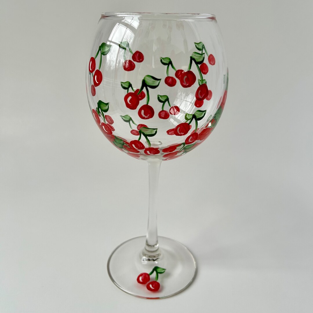 Handcrafted Cherry Painted Wine Glass Minimalist Design Perfect Mother ...