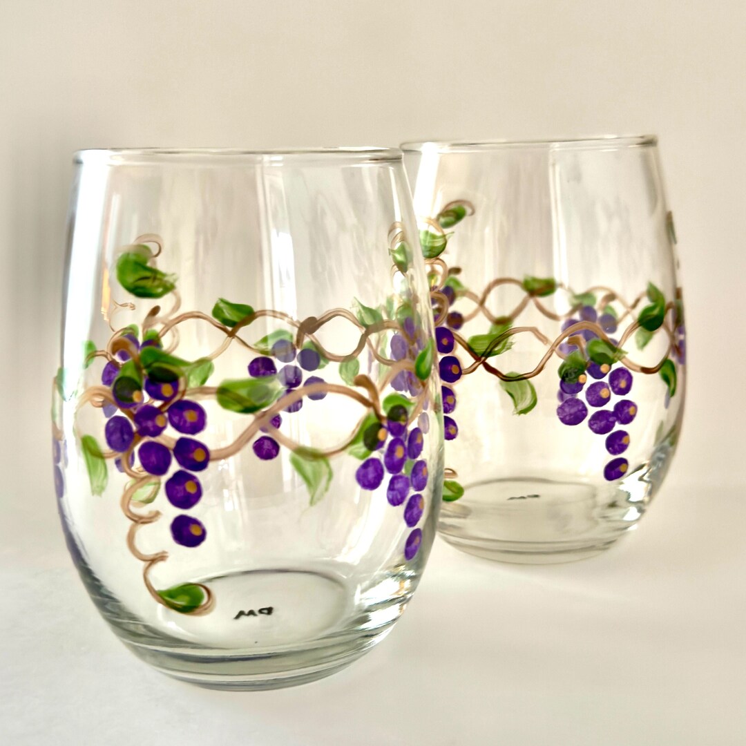 Wine Glasses With Hand Painted Grapes - Set of Two Large Stemless ...