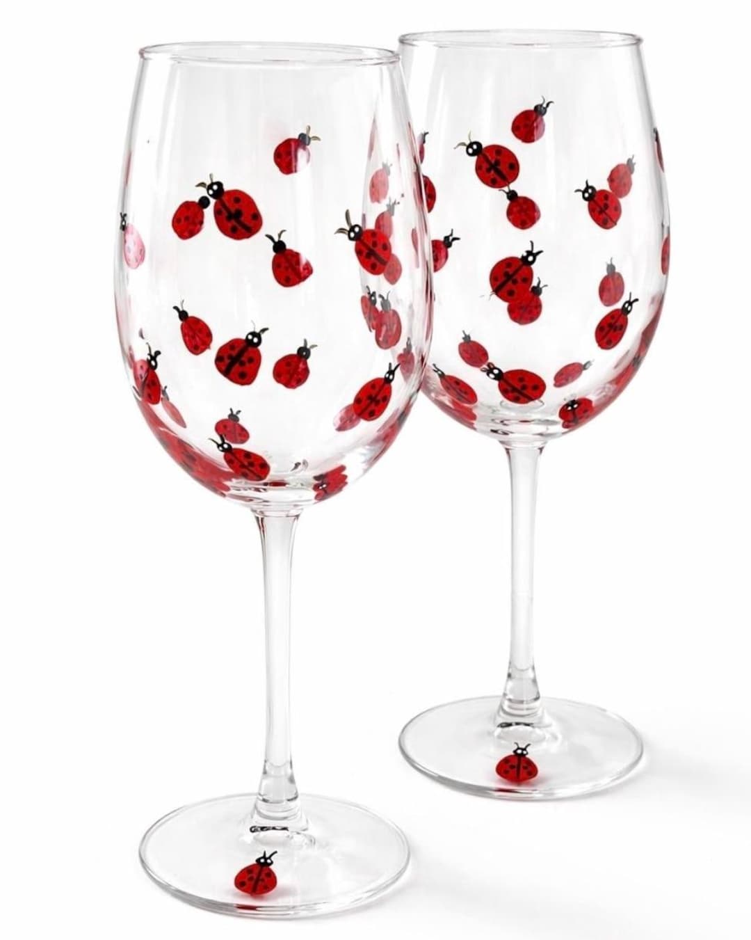 Hand Painted Garden Ladybug Wine Glasses – Set of 2 Minimalist Stemware ...