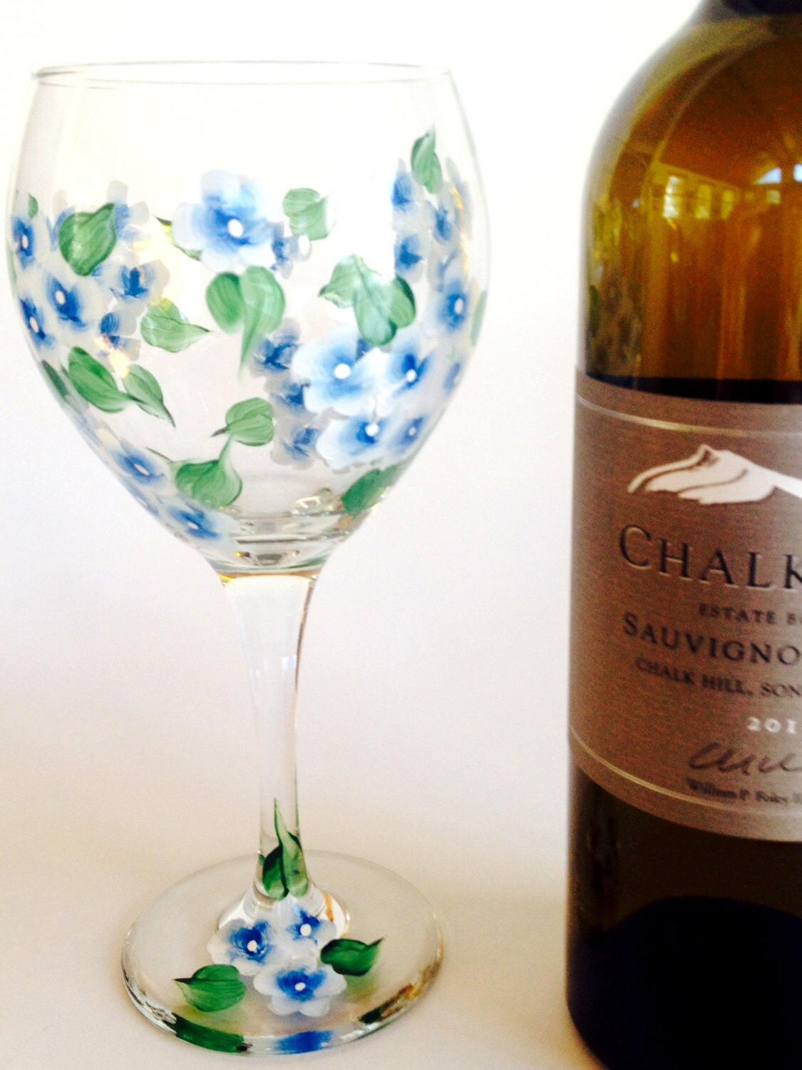 Cape Cod Blue Hydrangea Wine Glass. 20 oz. Hand Painted.