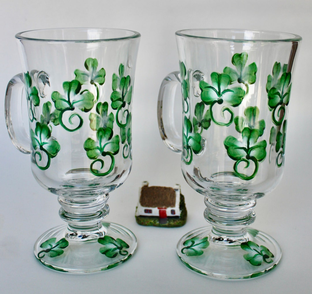 Hand Painted Shamrock Irish Coffee Glass Mugs - Set of 2, Customizable ...