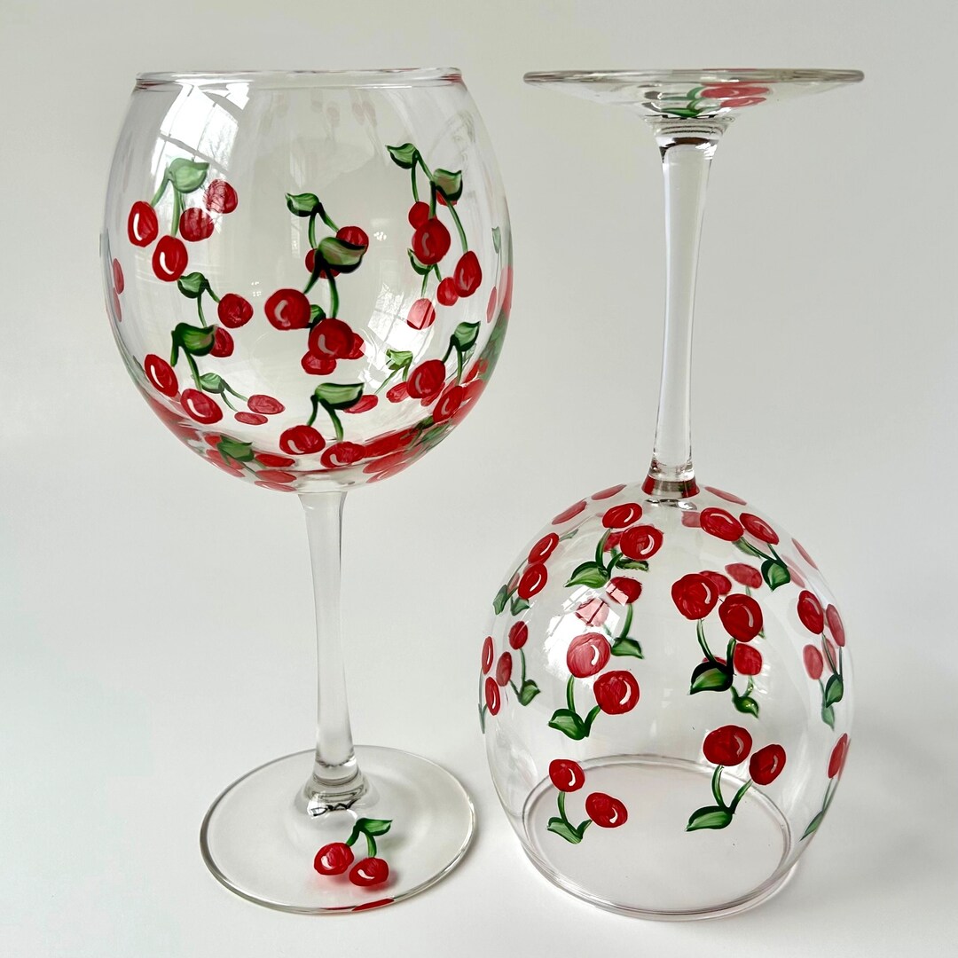 Hand Painted Cherry Wine Glasses - Minimalist Set of 2 - Etsy