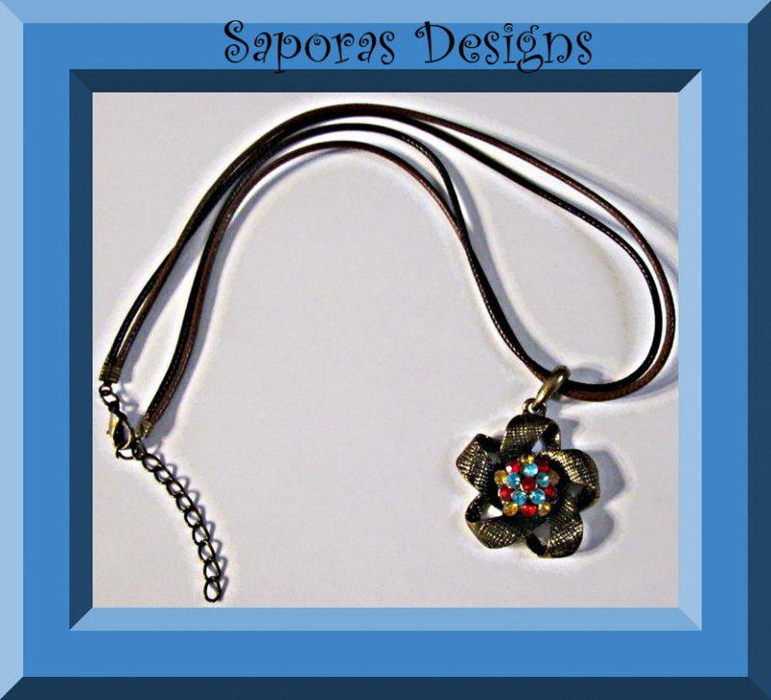 Antique Flower Design Necklace With Colorful Rhinestones & Brown ...