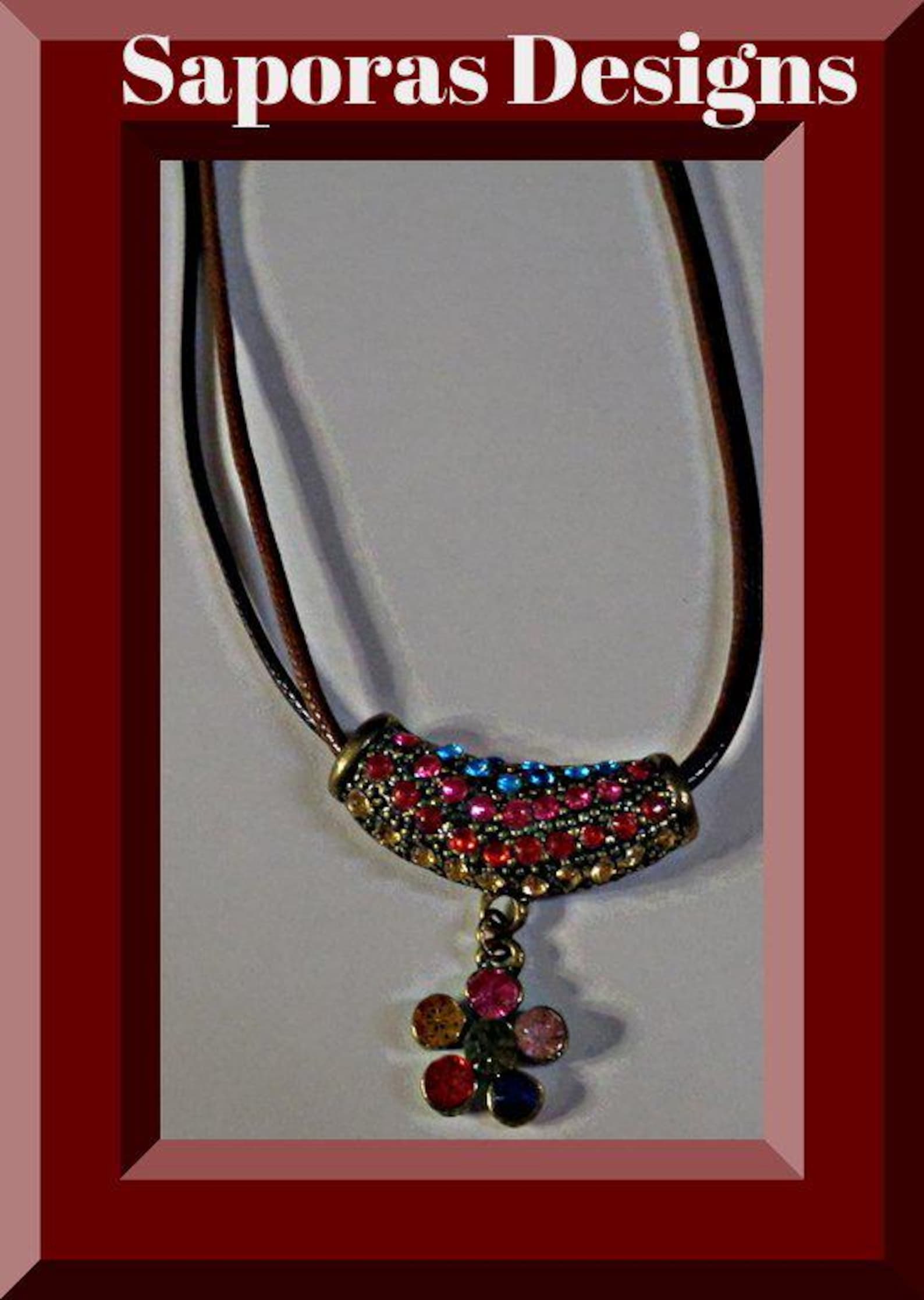 Antique Flower Design Necklace With Colorful Rhinestones & Brown ...