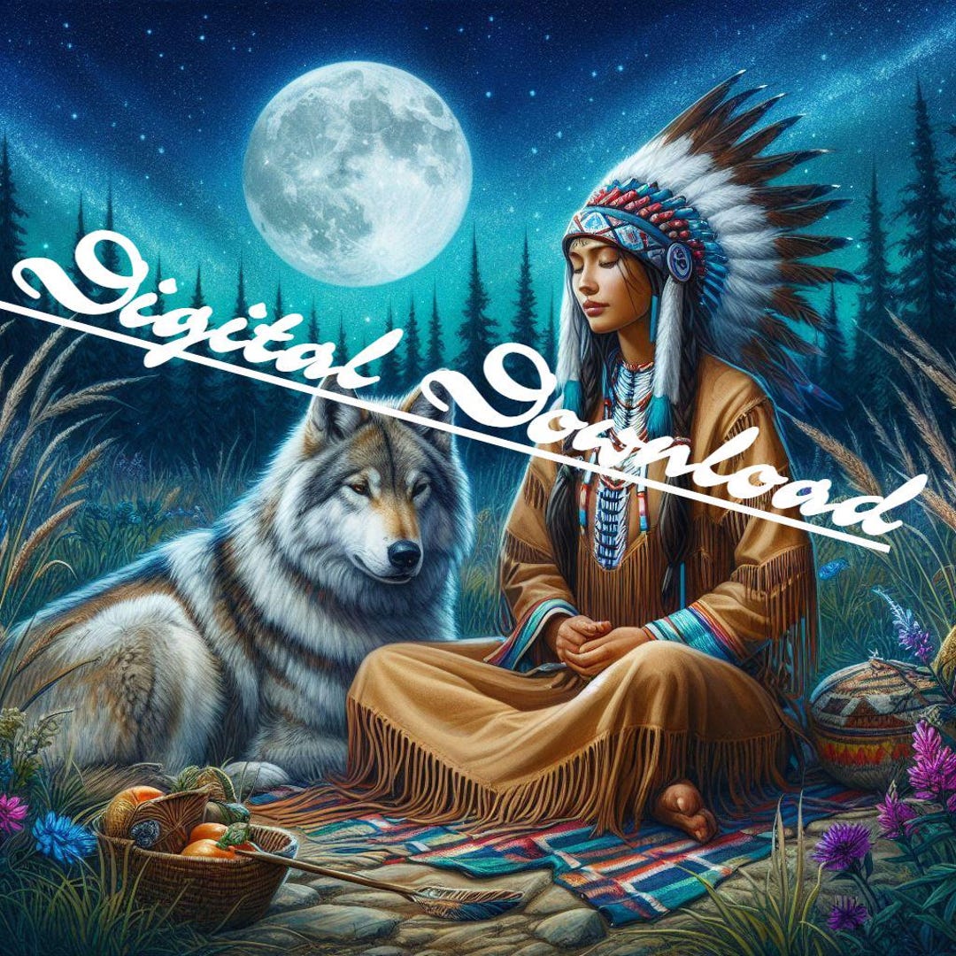 Native American Women Indigenous American Indian With Wolf Digital ...