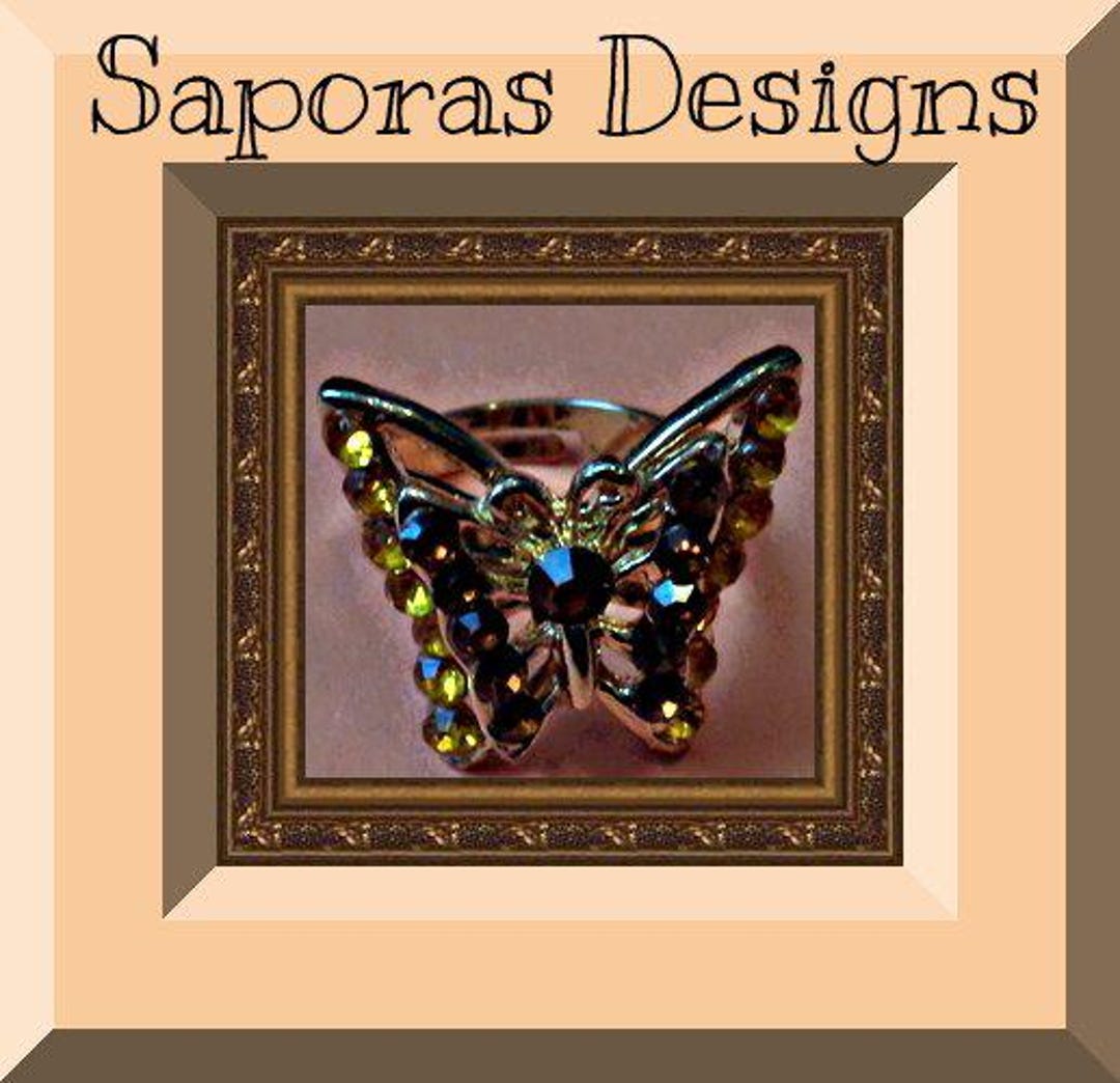 Gold Tone Butterfly Design Ring With Brown Rhinestones Size 7 ...