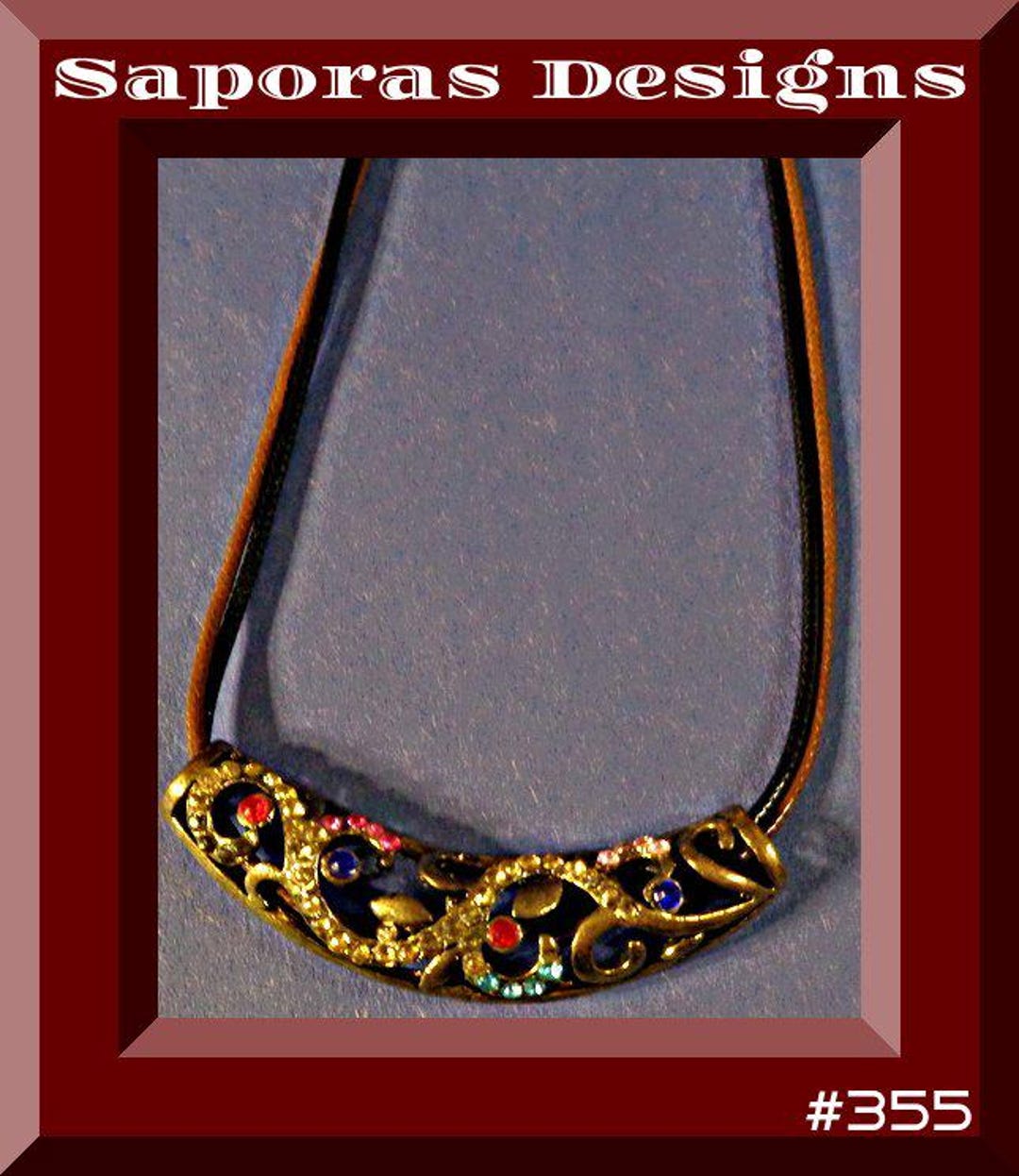 Antique Flower Design Necklace With Colorful Rhinestones & Brown ...