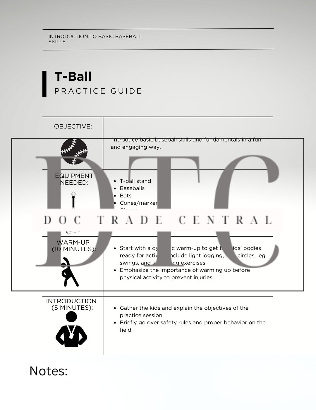 T-ball Introduction to Basic Baseball Skills Practice Plan 35 Mins - Etsy