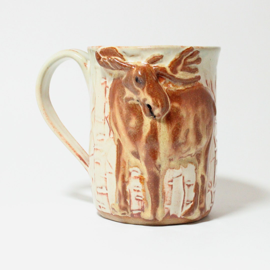 Handmade Mug With Moose Relief and Tree Pattern, Ceramic Mug With Moose ...