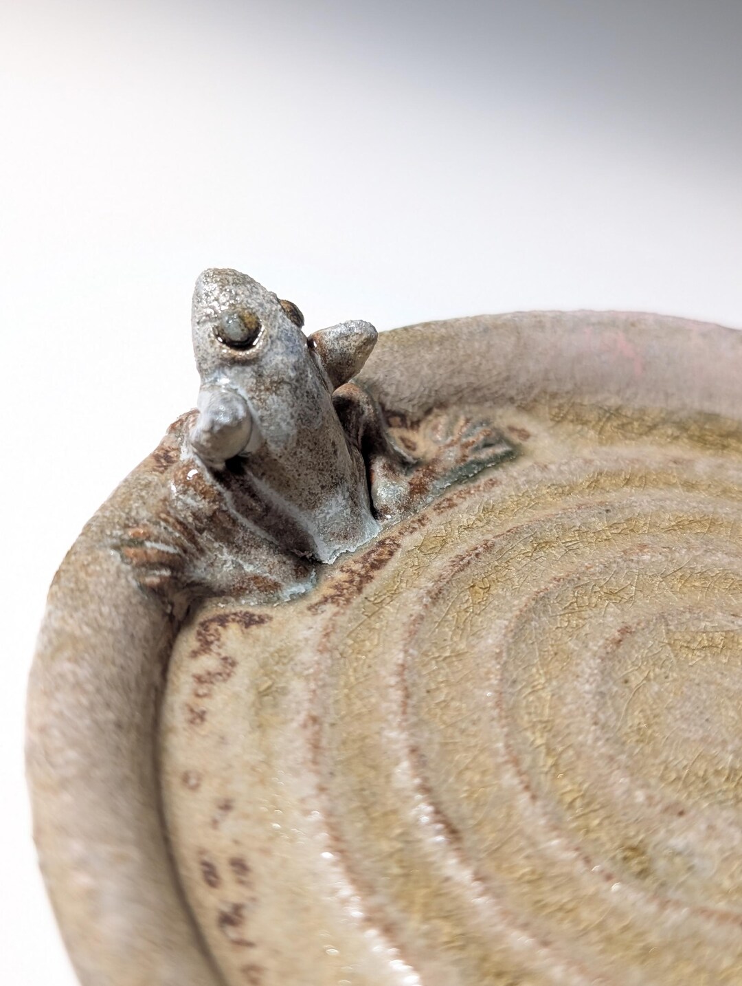 Blue Frog on a Spoon Rest, Clay Frog Sculpture on Wood Fired Plate ...