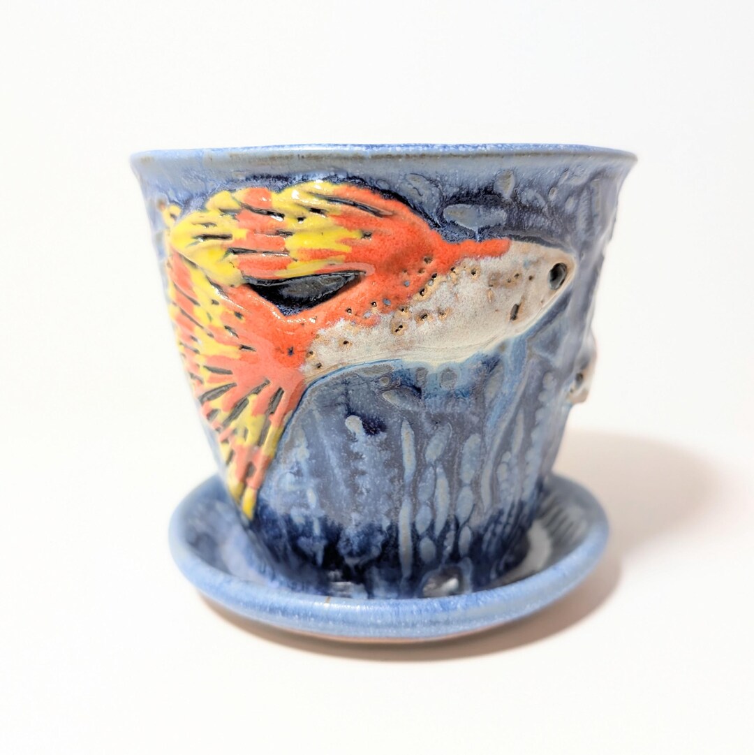 Blue Flower Pot With Aquarium Fish, Plant Pot Ceramic, Handmade Pottery ...
