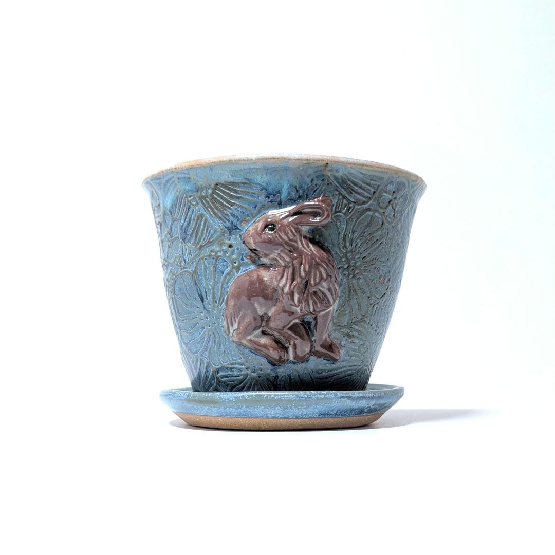 Blue Flower Pot With Bunny Rabbit, Plant Pot Ceramic, Handmade Pottery ...