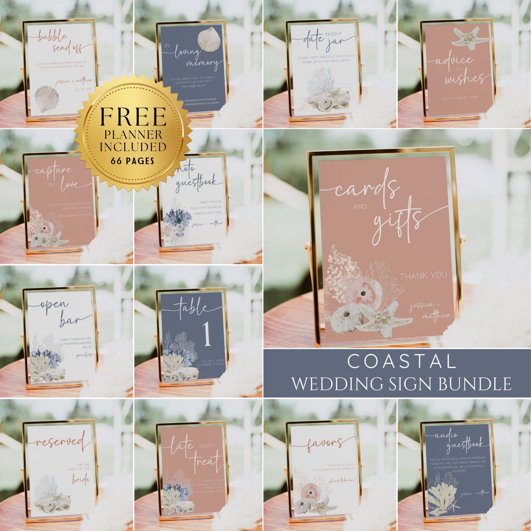 Coastal Beach Wedding Table Sign Bundle, Editable Blue Ocean Reception ...