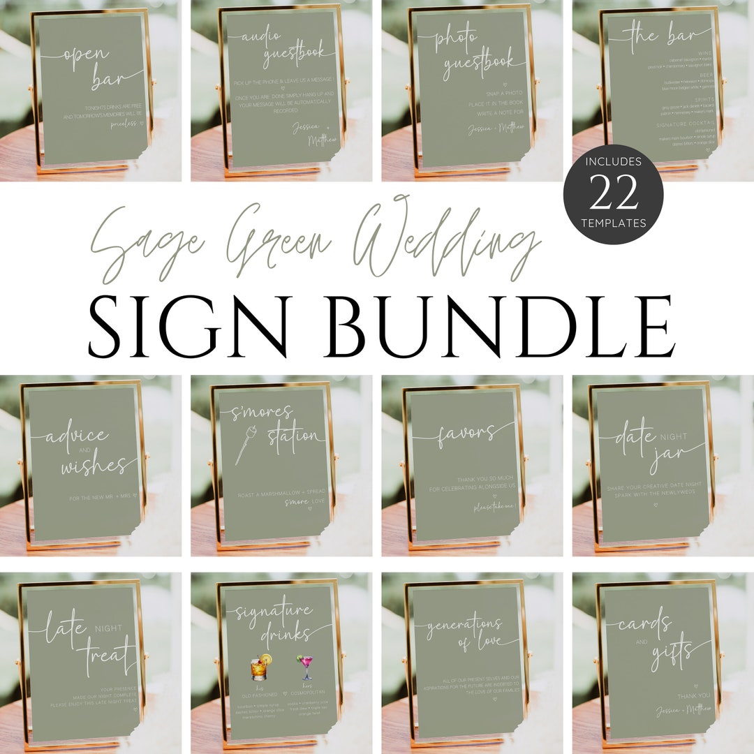 Wedding Signs Bundle Sage, Sage Green Wedding Signs Bundle, Signature ...