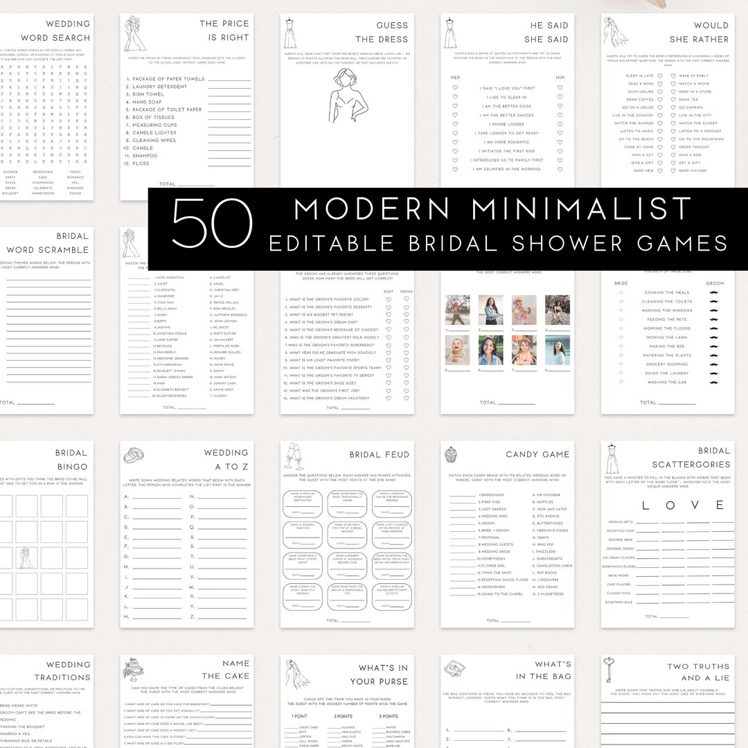 Modern Minimalist Bridal Shower Games Bundle, Editable Template ...
