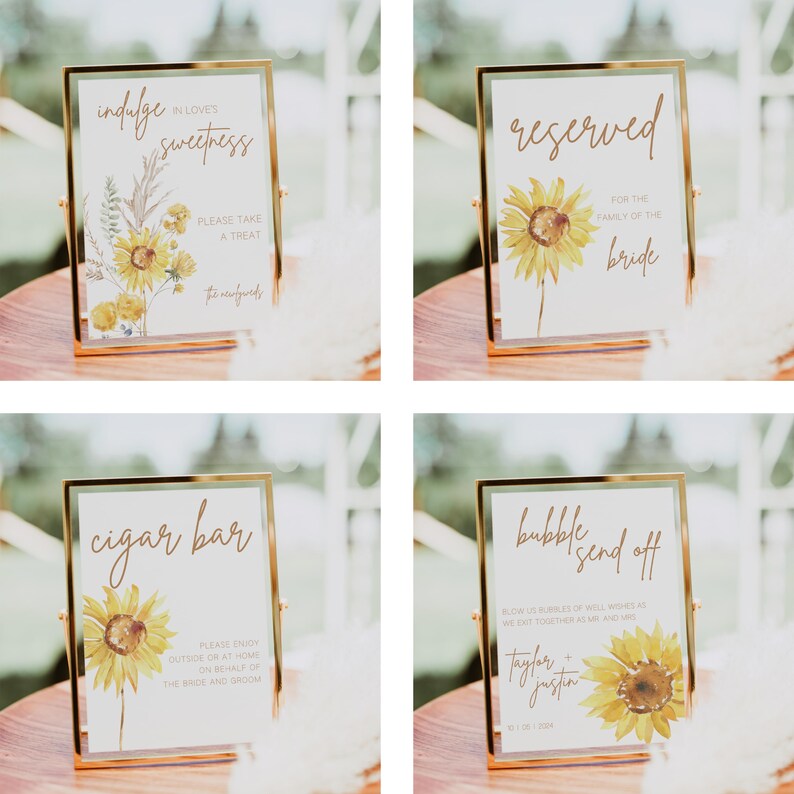 Sunflower Wedding Table Sign Bundle, Editable Yellow Floral Signage ...