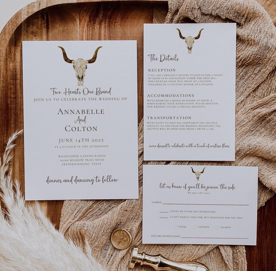 Western Boho Wedding Invitation Suite, Editable Template, Longhorn ...