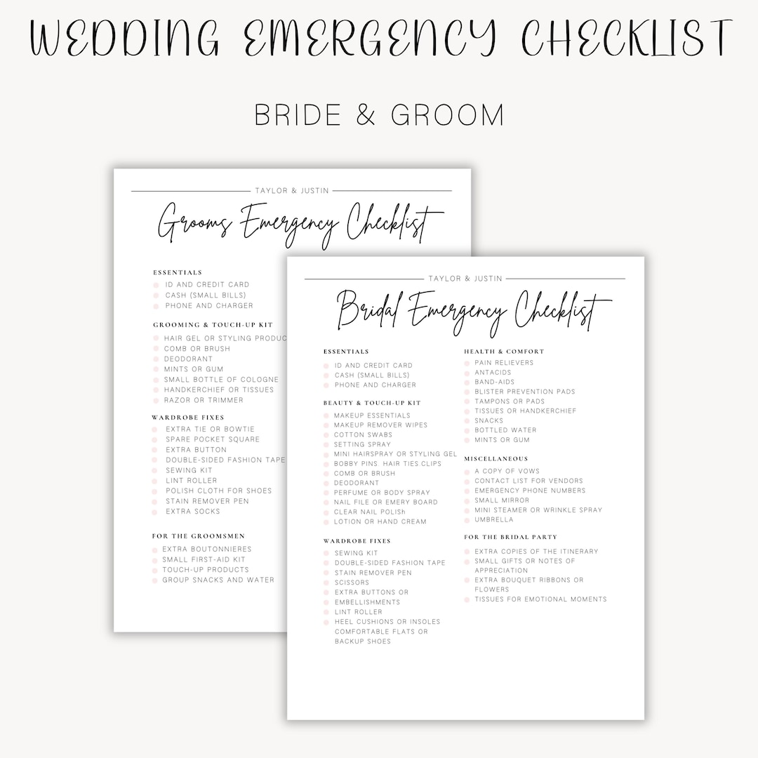 Wedding Emergency Kit Checklist for Bride and Groom, Digital Template ...