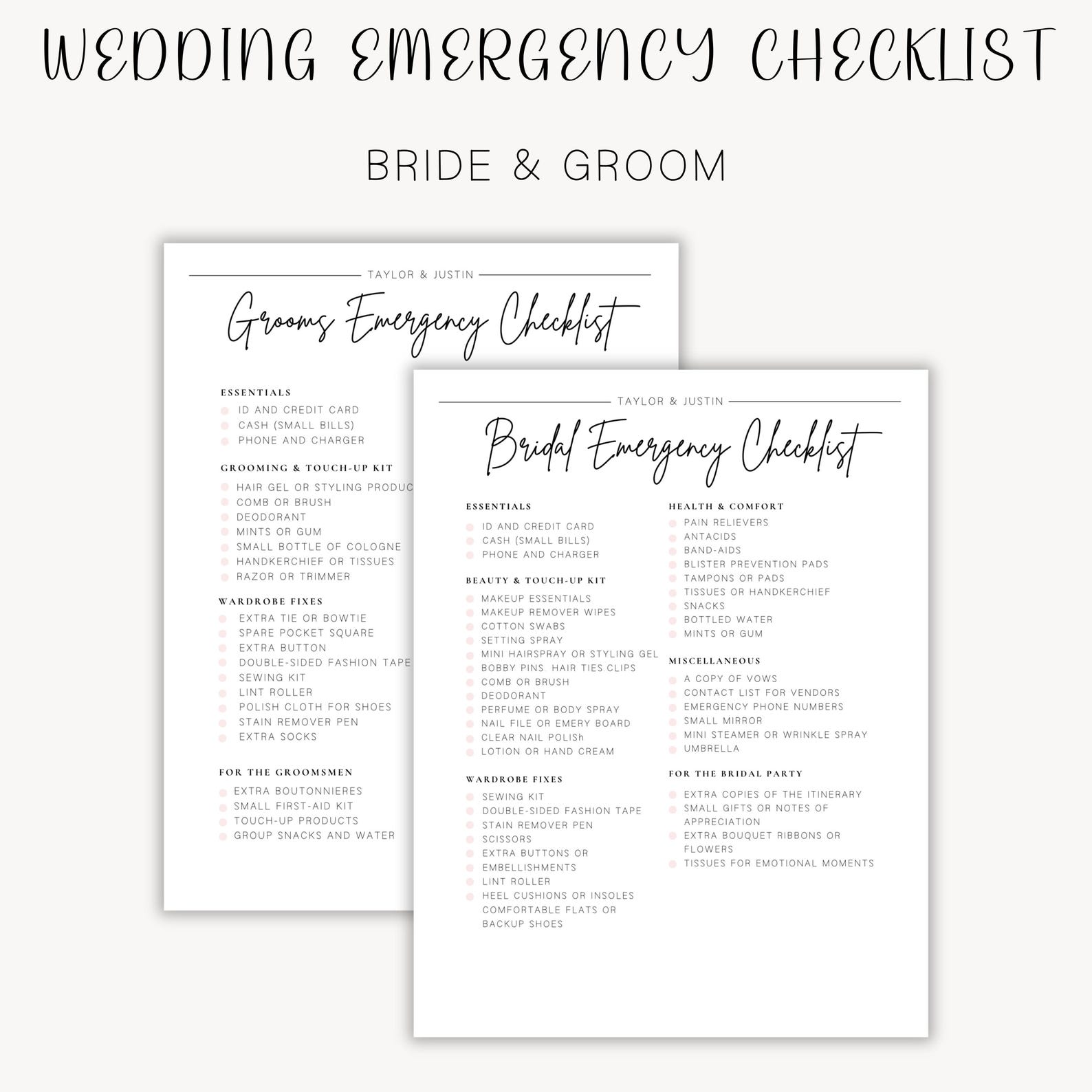 Wedding Emergency Kit Checklist for Bride and Groom, Digital Template ...
