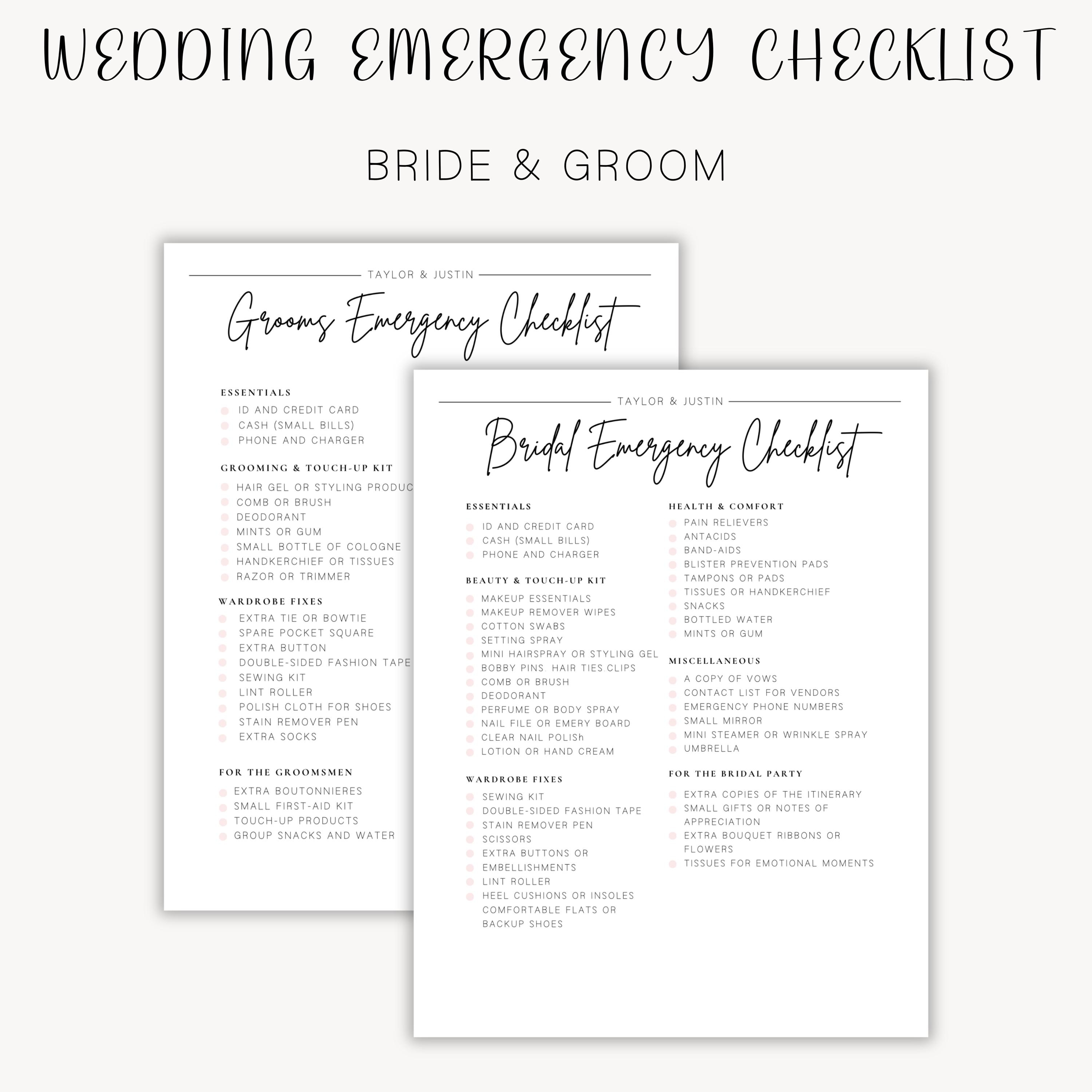 Wedding Emergency Kit Checklist for Bride and Groom, Digital Template ...