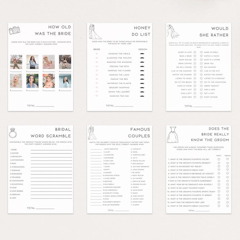 Modern Minimalist Bridal Shower Games Bundle, Editable Template ...