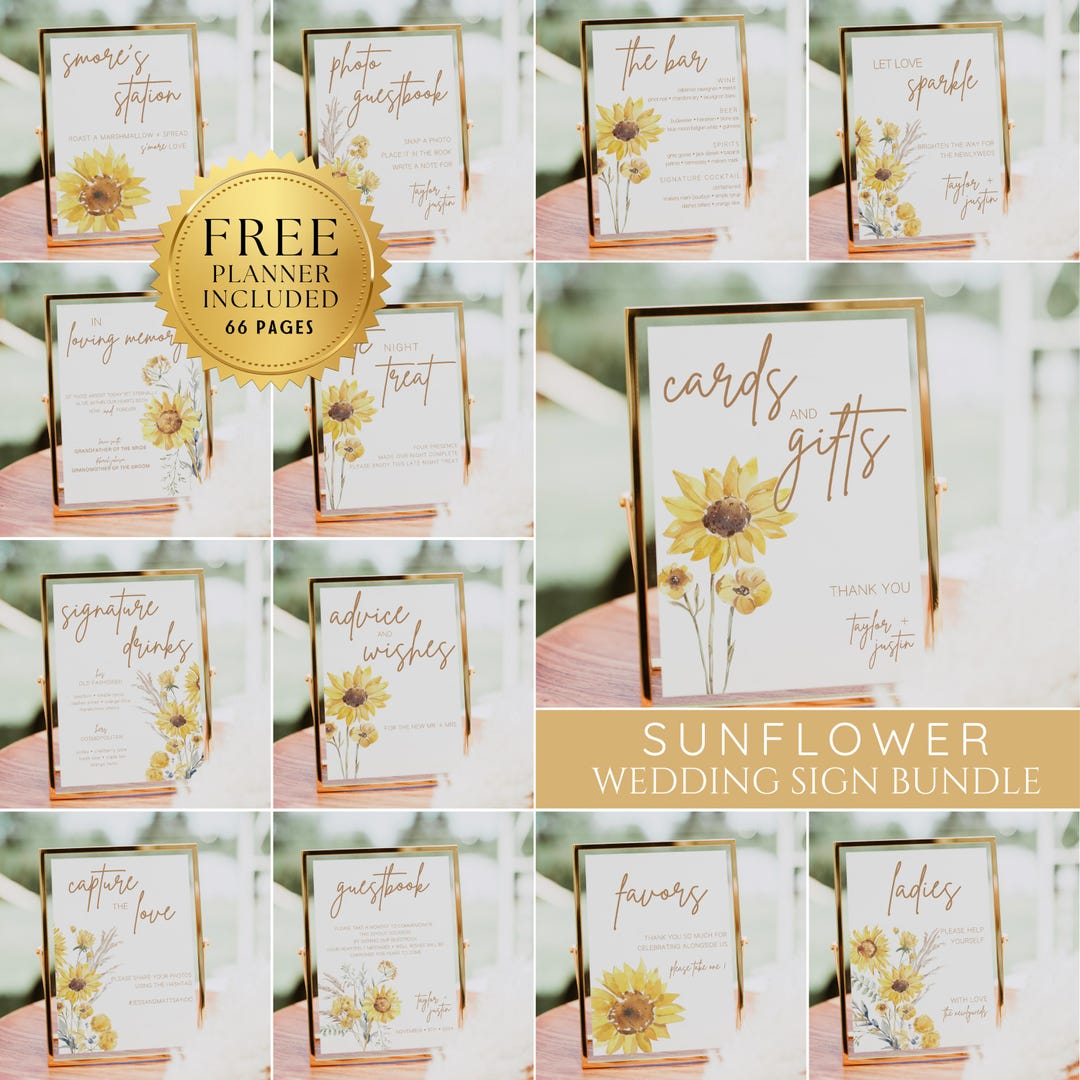Sunflower Wedding Table Sign Bundle, Editable Yellow Floral Signage ...