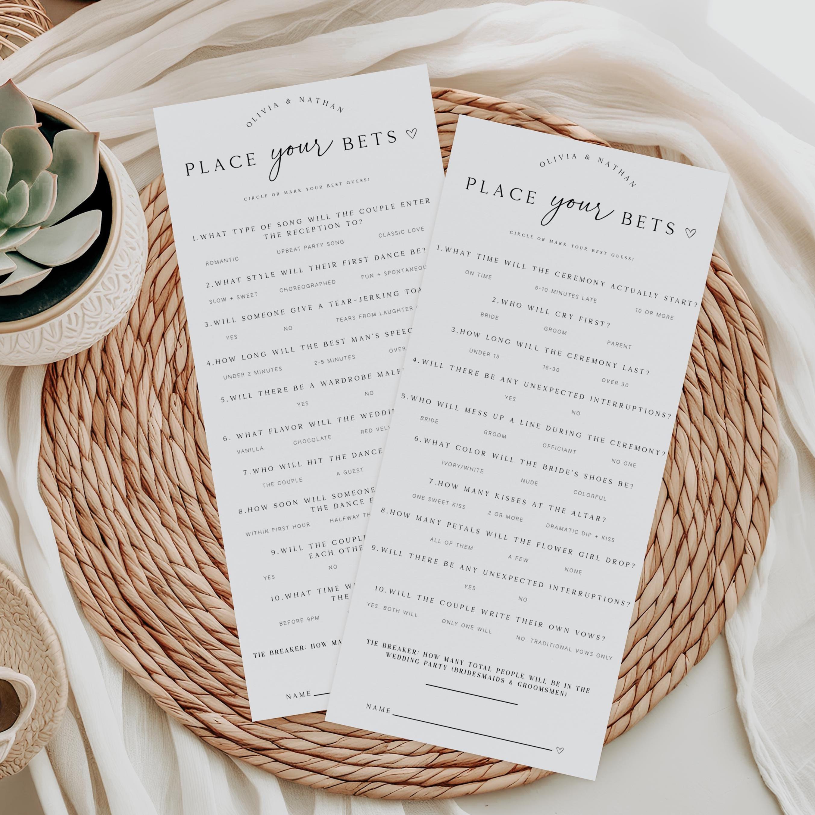 Place Your Bets Wedding Prop Bet Sheet, Fun Reception Game for Guests ...