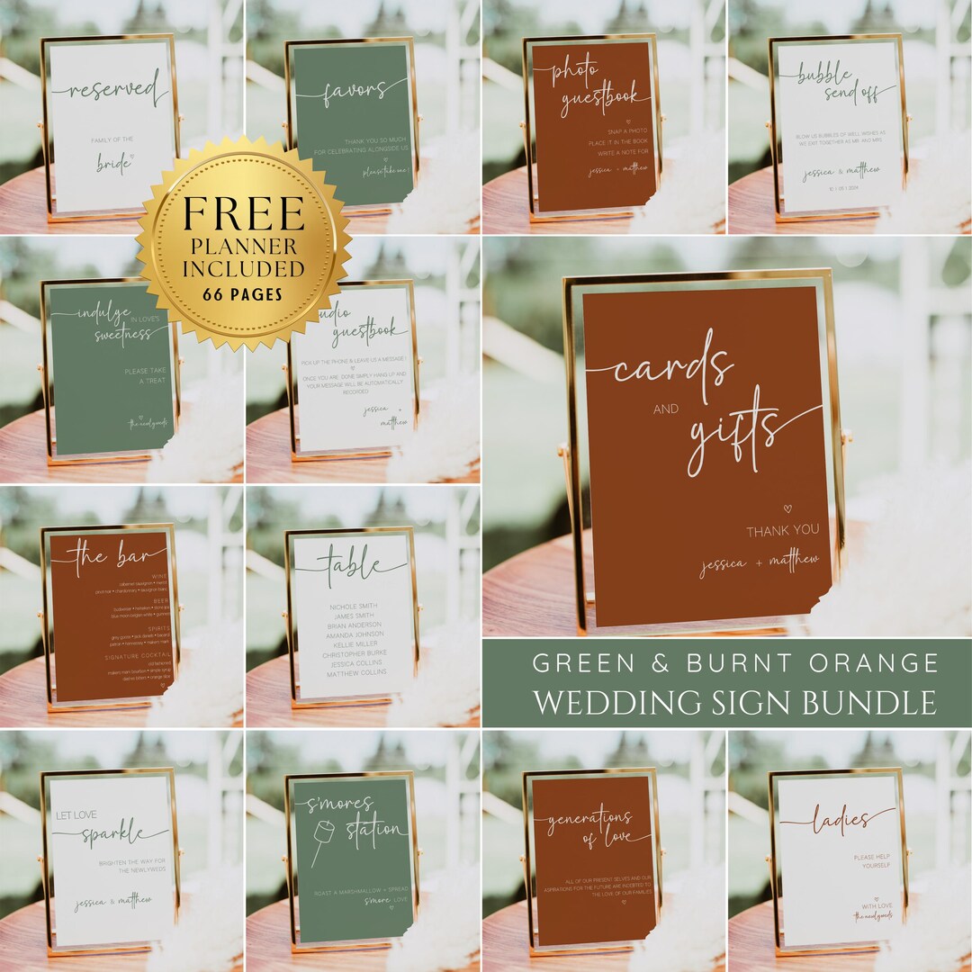 Burnt Orange & Green Wedding Table Sign Bundle, Printable Editable ...