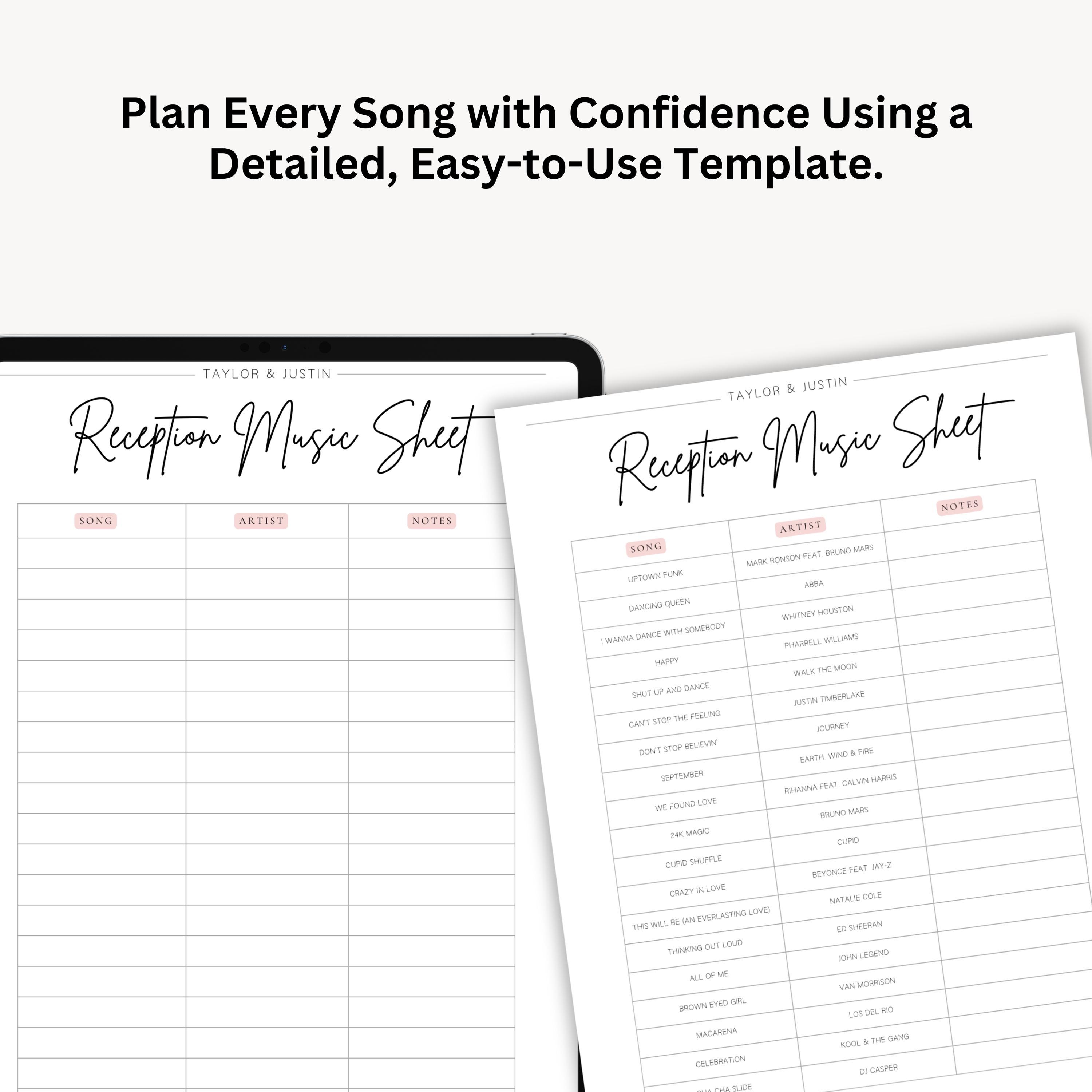 Wedding Day Song List Template, Ceremony and Reception Music Planner ...