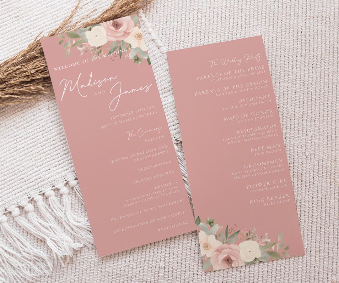 Blush Pink Wedding Programs Template, Floral Sage Ceremony Program ...