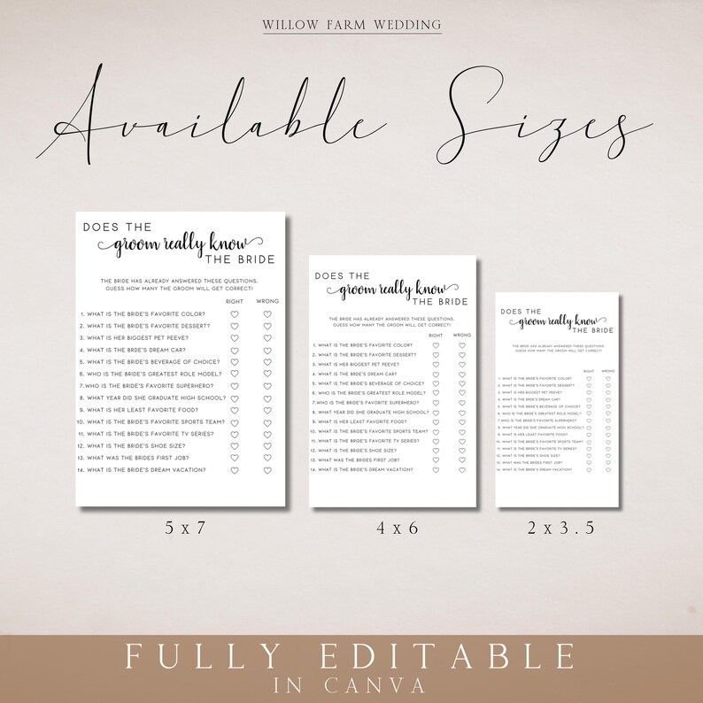 How Well Does the Groom Know the Bride Game, Printable Modern ...