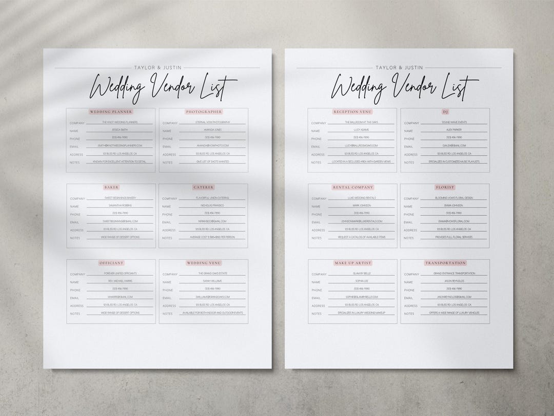 Wedding Vendor List, Editable Wedding Vendor Contact Sheet, Wedding ...