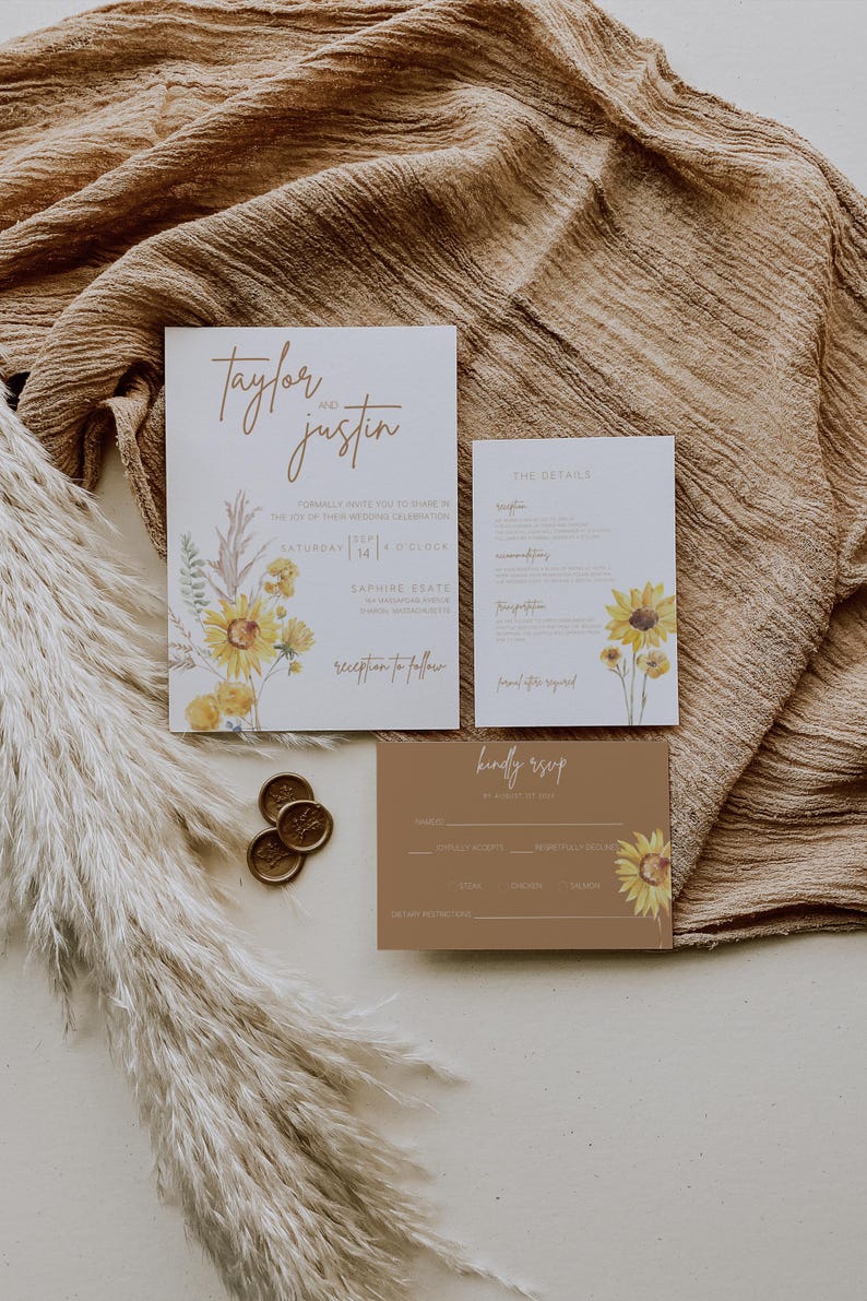 Sunflower Wedding Invitation Template Set, Rustic Wedding Invitation Suite, Printable Editable ...