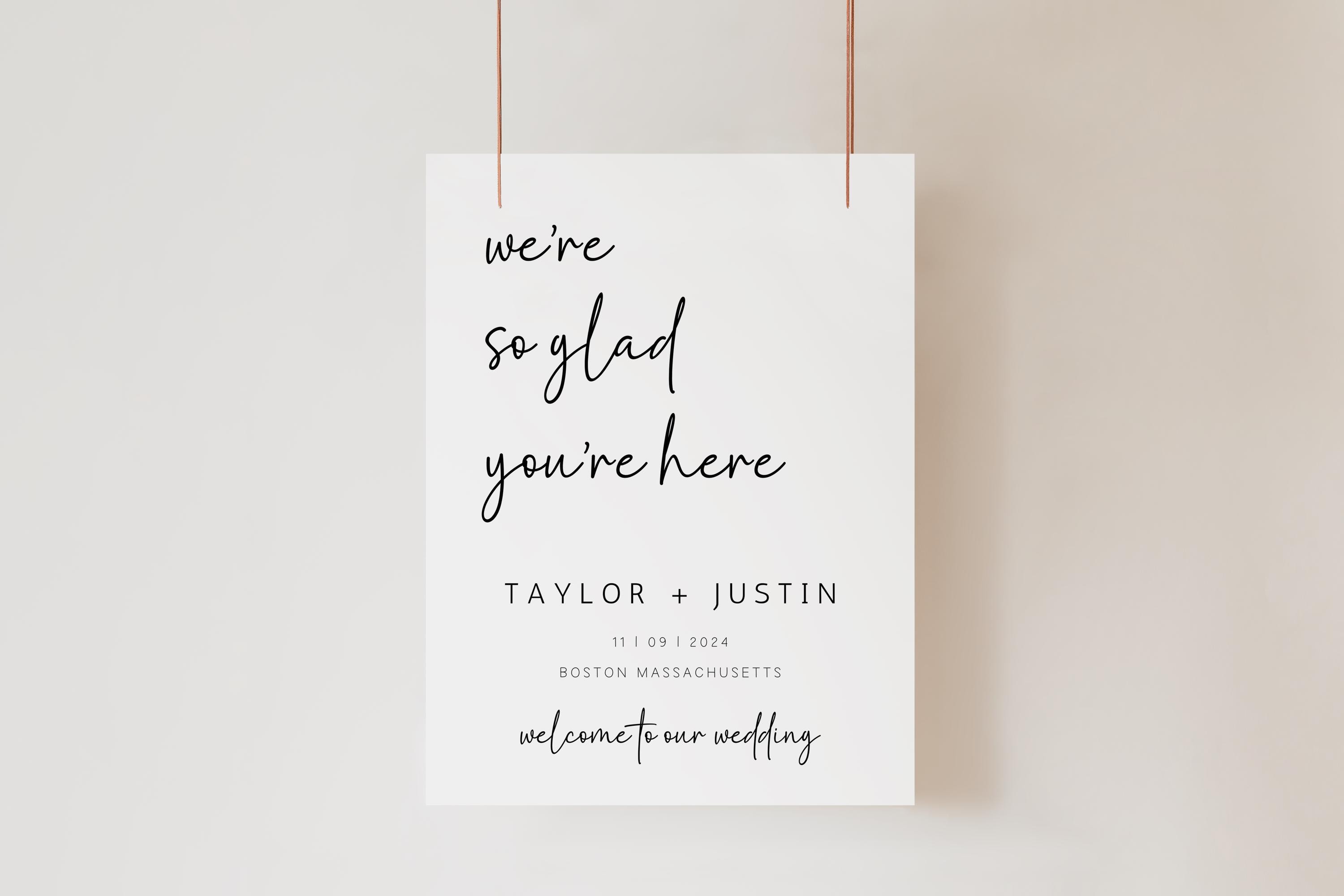 We're so Glad You're Here, Minimalist Wedding Welcome Sign, Editable ...