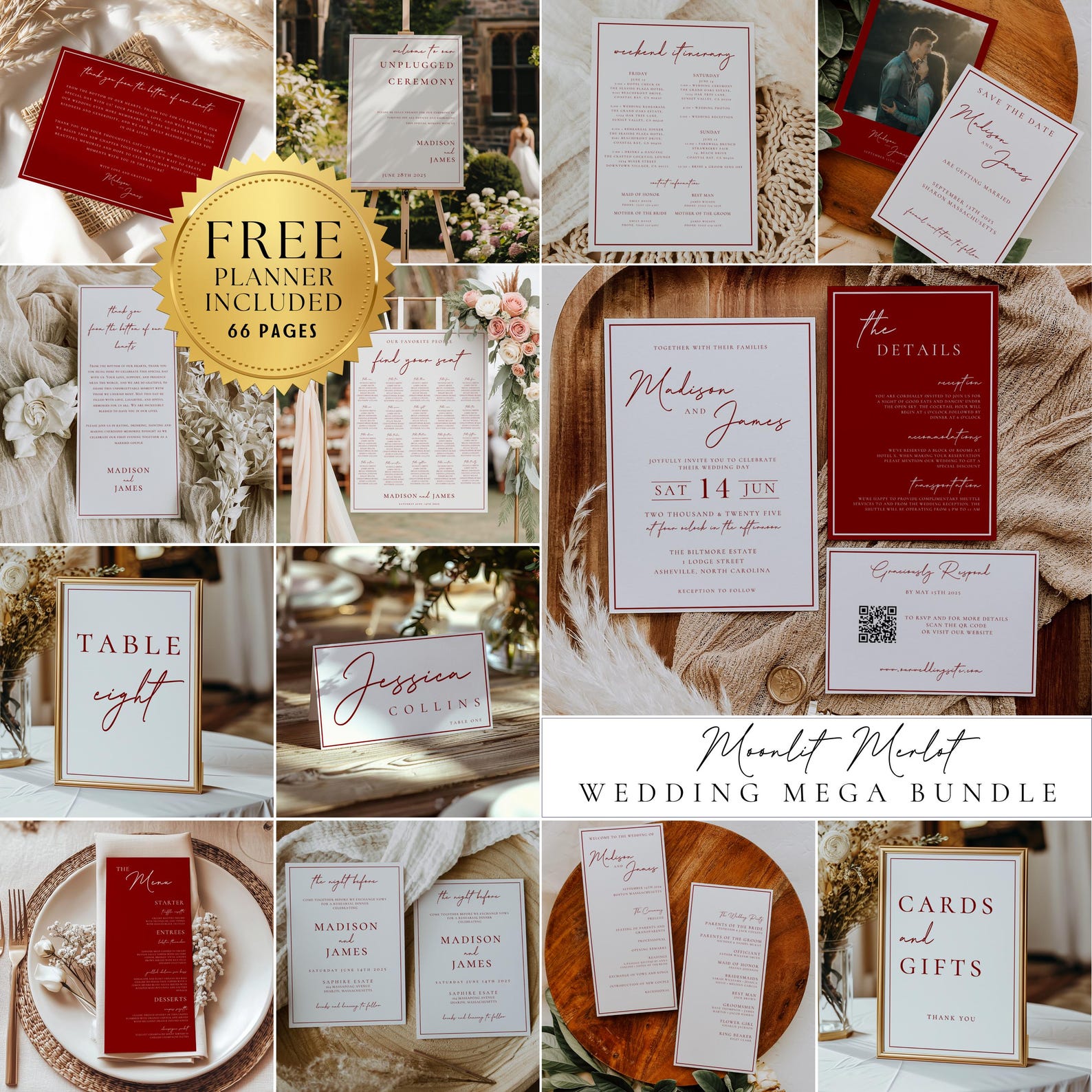 Red Romance Modern Printable Wedding Bundle, Digital Stationery ...