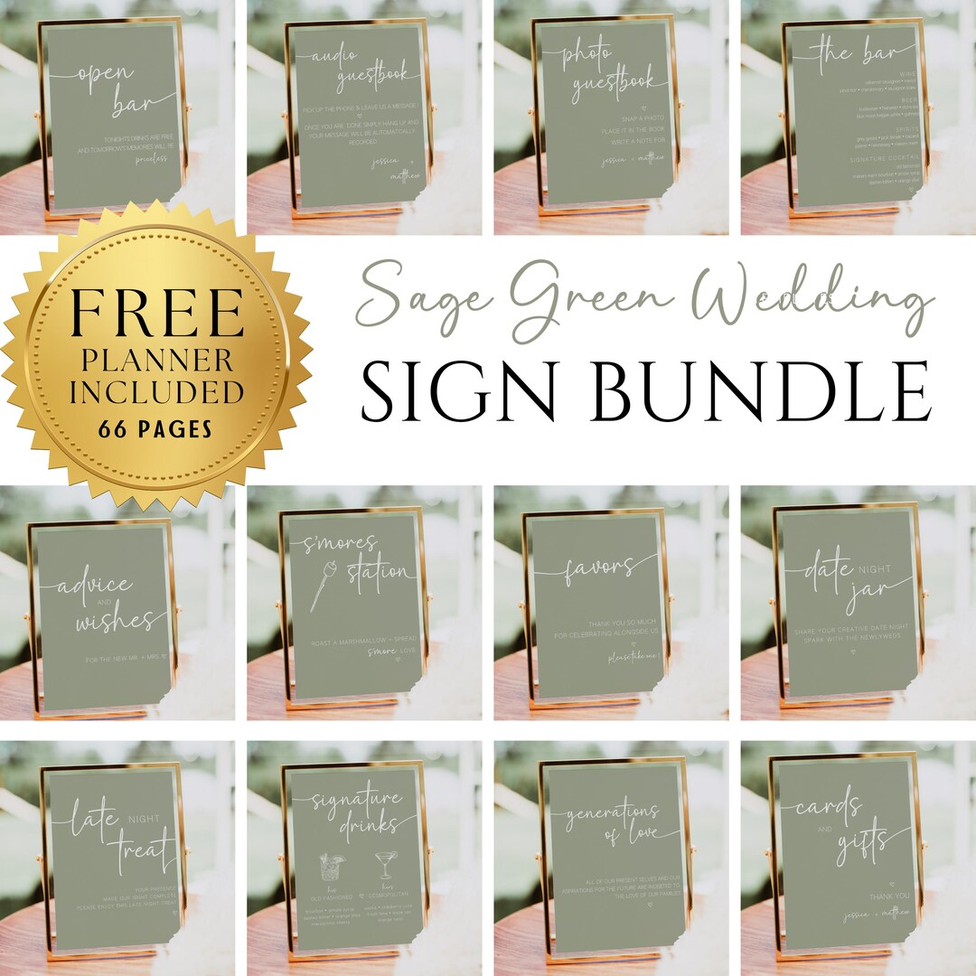 Wedding Signs Bundle Sage, Sage Green Wedding Signs Bundle, Signature ...