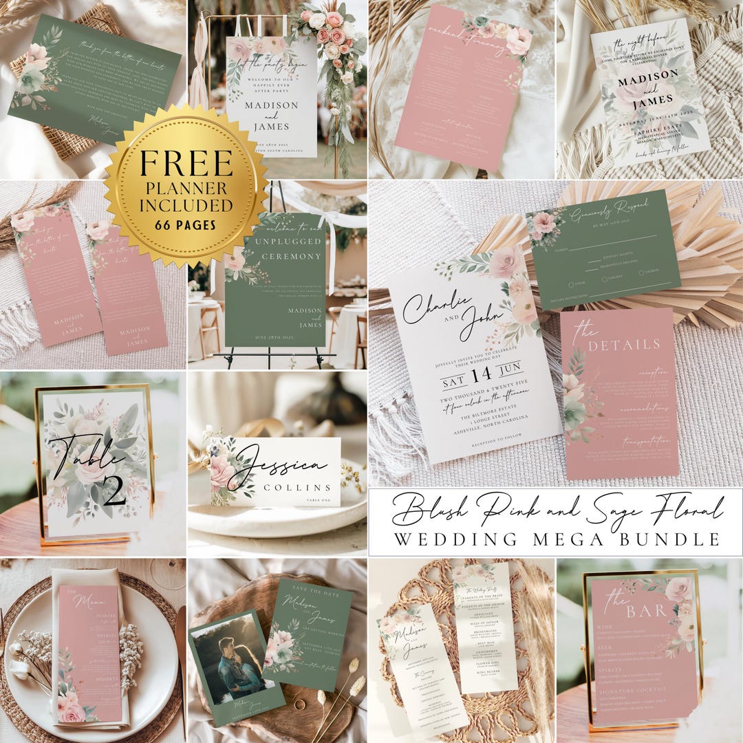 Blush Pink and Sage Wedding Mega Bundle, Editable Wedding Suite Soft ...