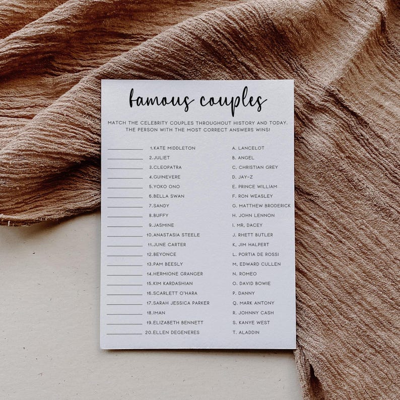 Match the Famous Couples Bridal Shower Game, Printable, Instant Digital ...