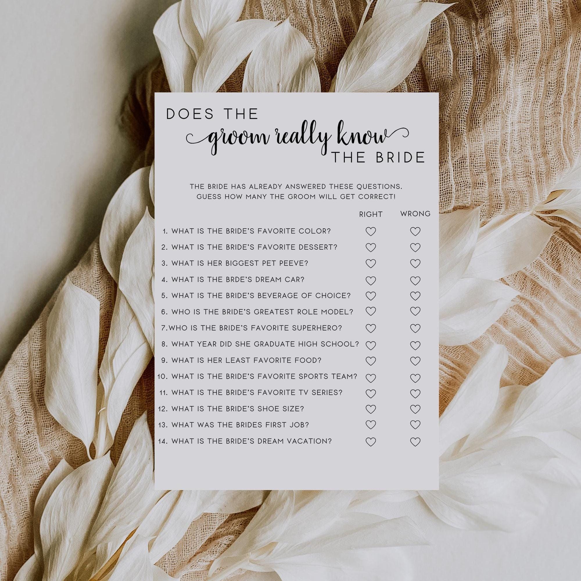 How Well Does the Groom Know the Bride Game, Printable Modern ...