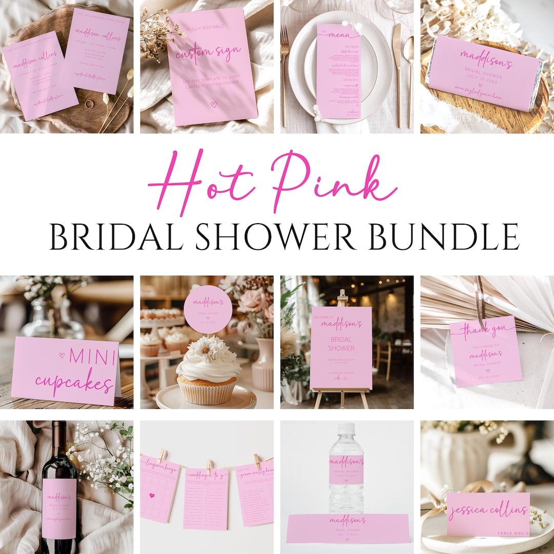 Hot Pink Bridal Shower Bundle, Bridal Shower Bundle Hot Pink, Hot Pink Bridal Shower Sign, Hot ...