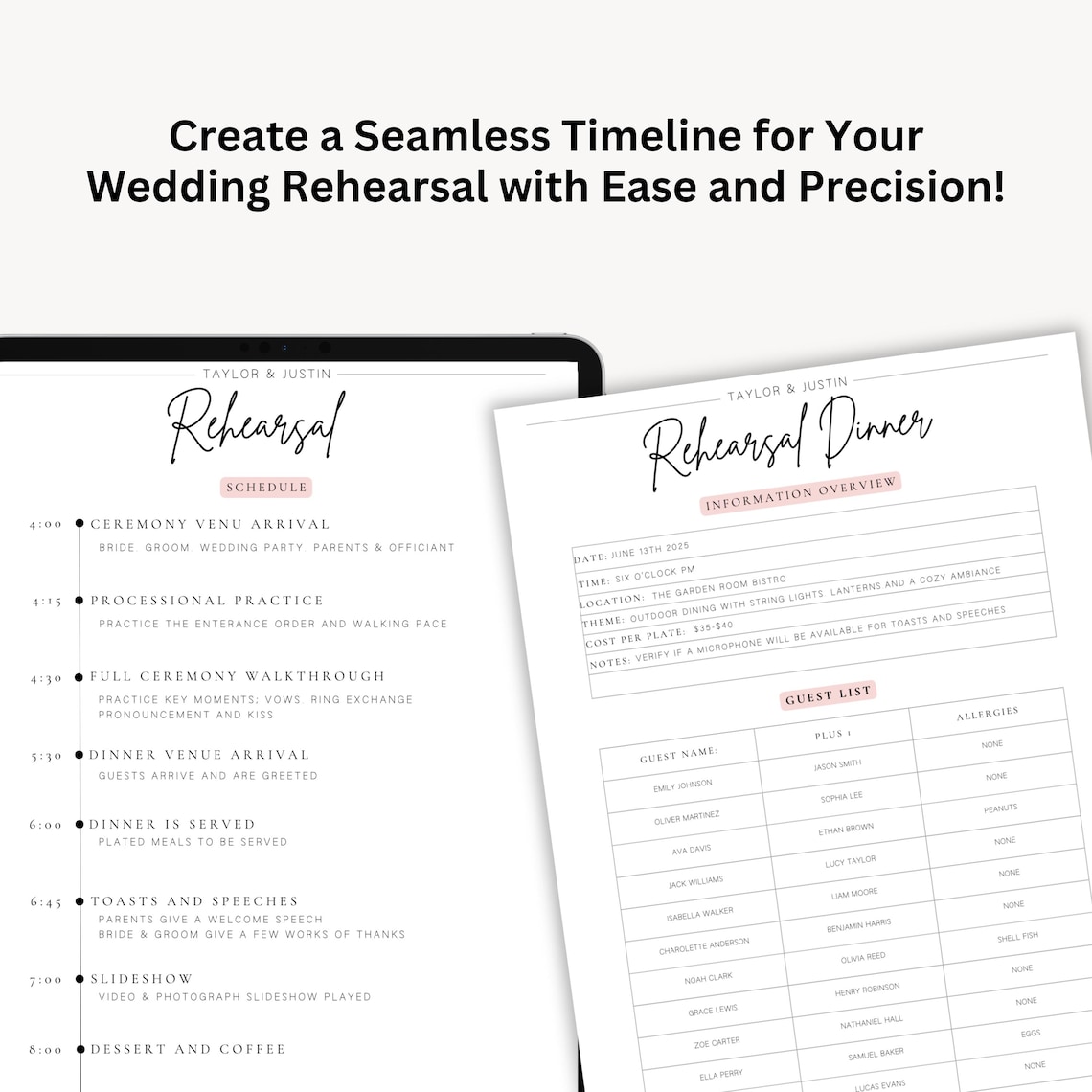 Wedding Rehearsal Schedule and Dinner Template, Wedding Rehearsal ...