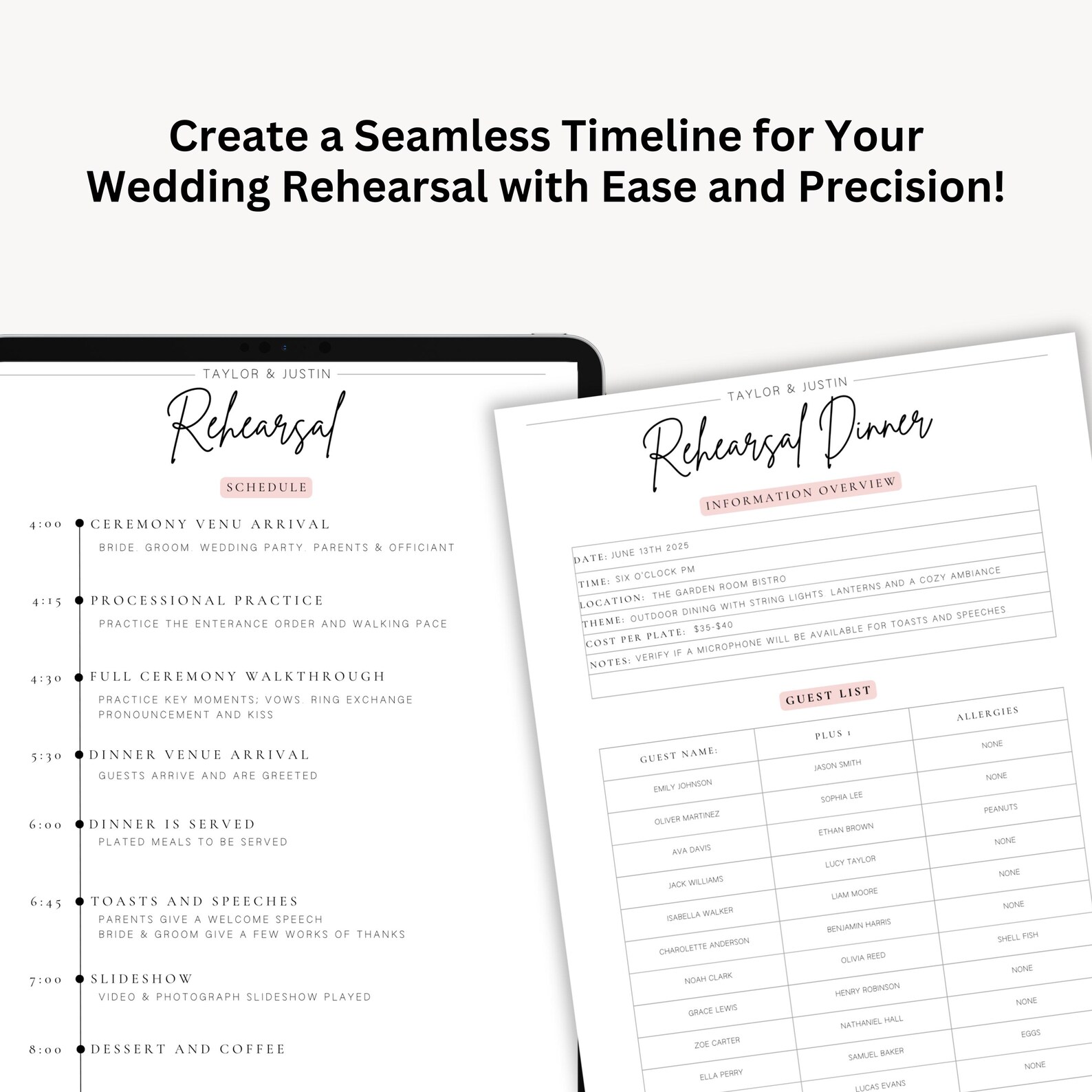 Wedding Rehearsal Schedule and Dinner Template, Wedding Rehearsal ...