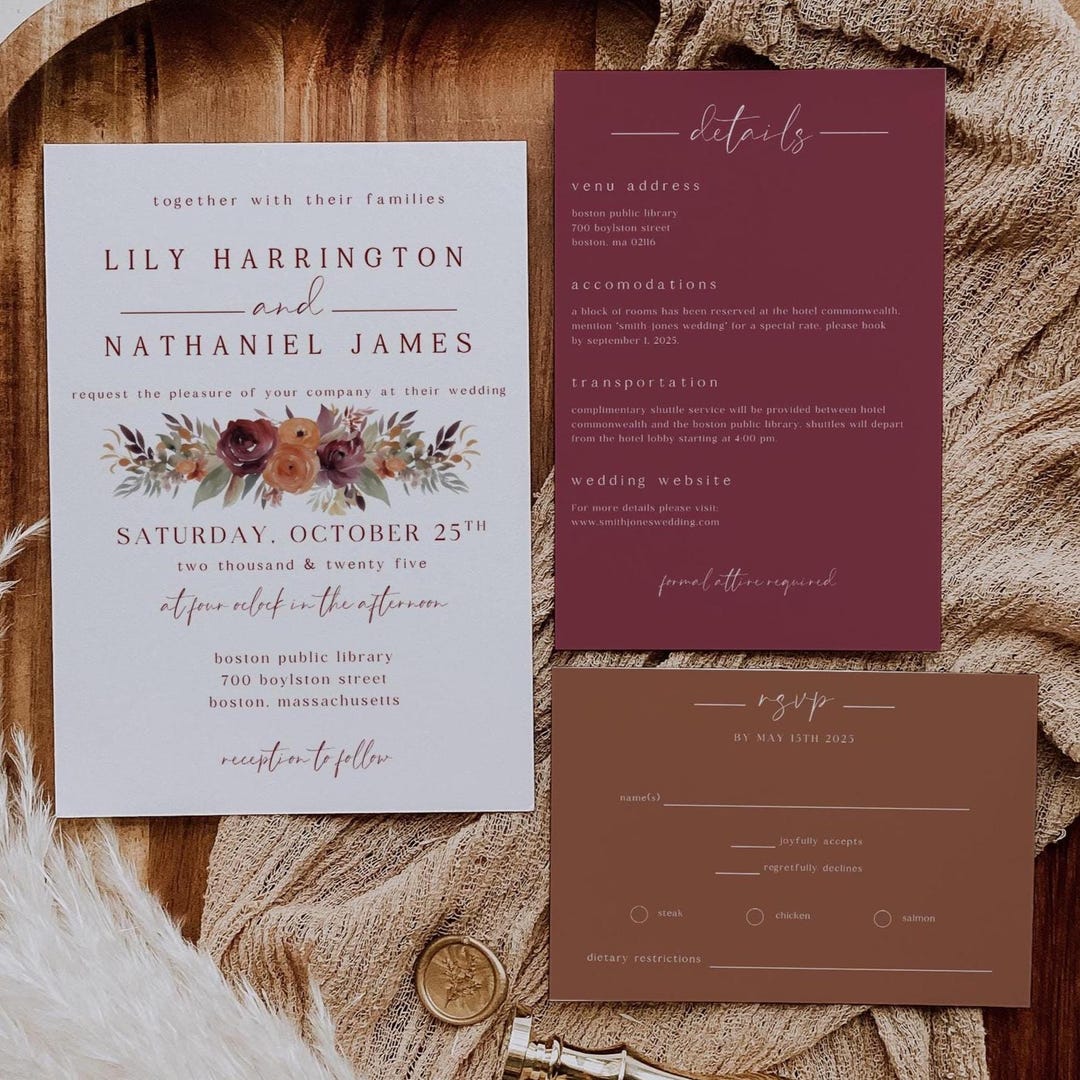 Fall Wedding Invitation Template, Autumn Wildflower Invite, Boho ...