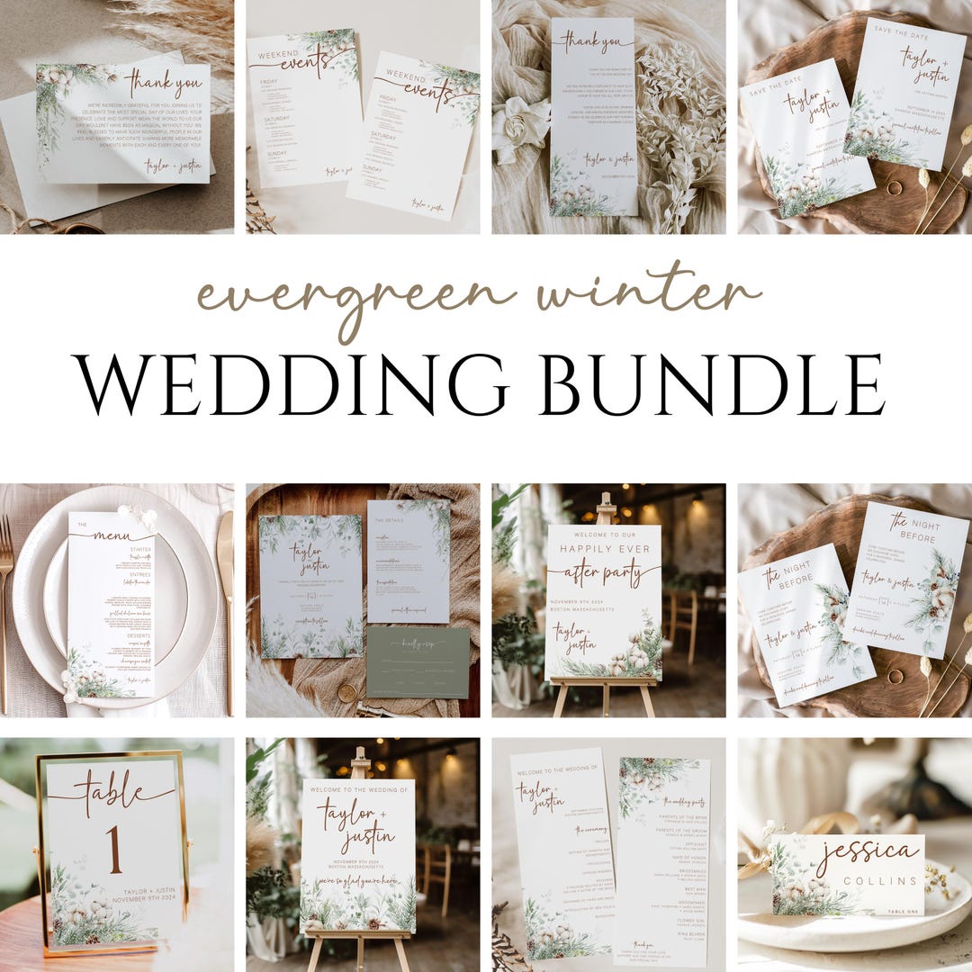 Evergreen Winter Wedding Bundle, Winter Wedding Invitation Suite ...