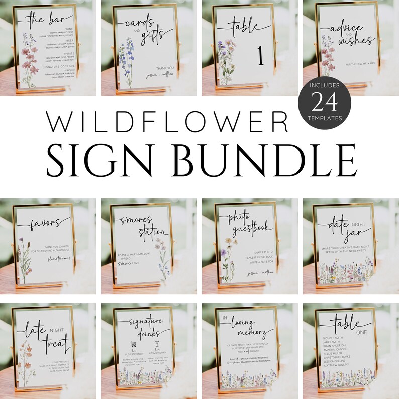 Wildflower Wedding Reception Bundle, Floral Reception Sign Template ...