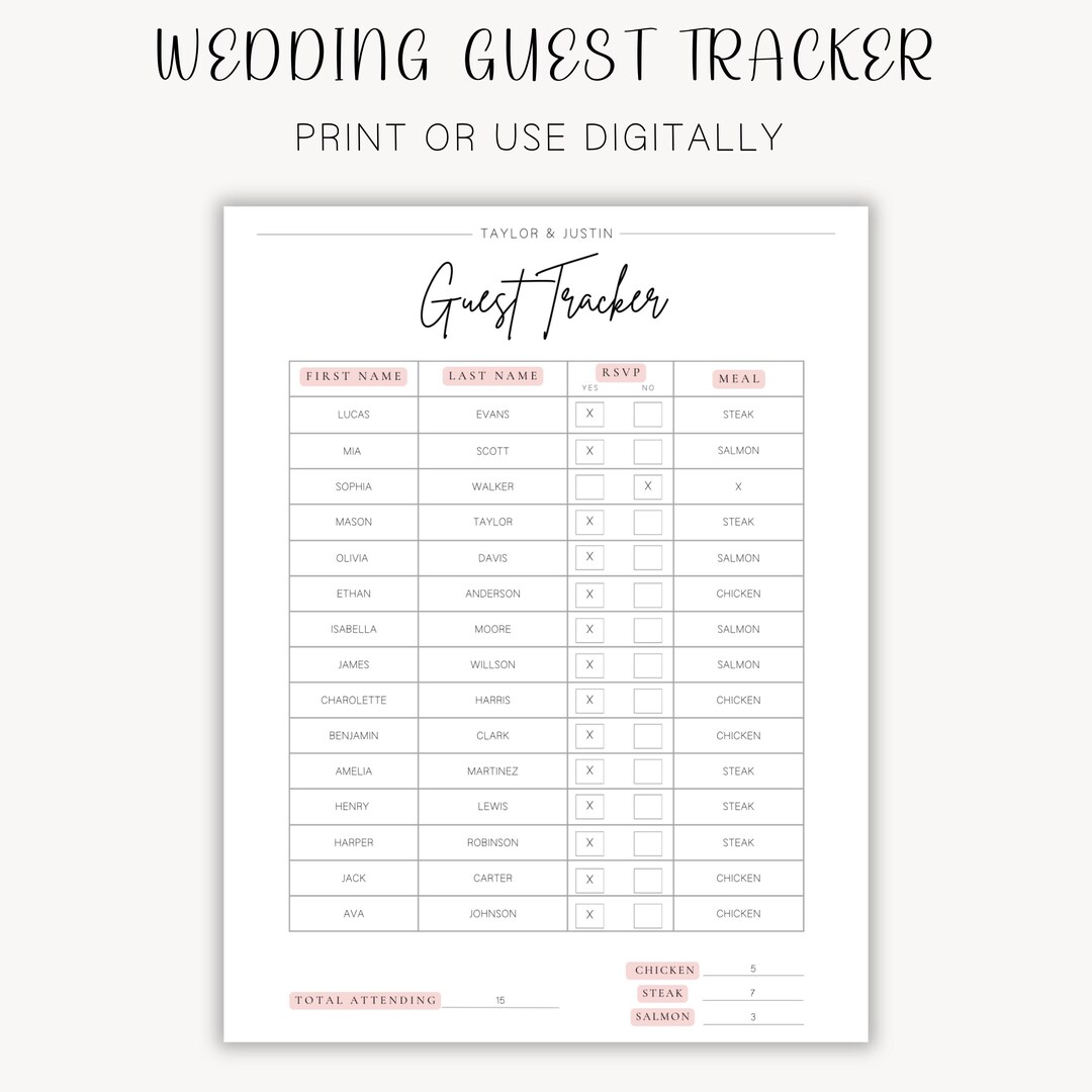 Wedding Guest List Tracker, Printable Guest Checklist for Wedding ...
